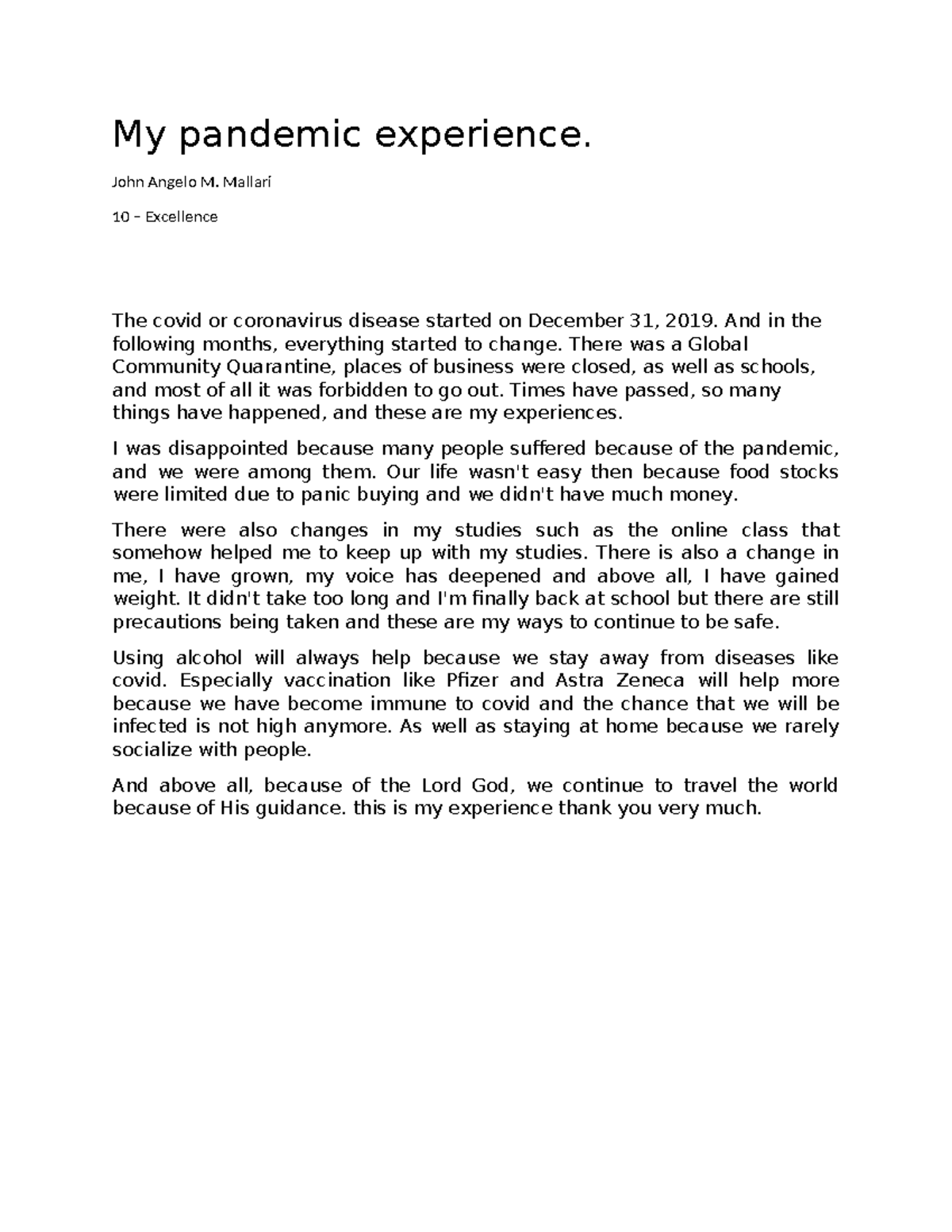 My pandemic experience - John Angelo M. Mallari 10 – Excellence The ...
