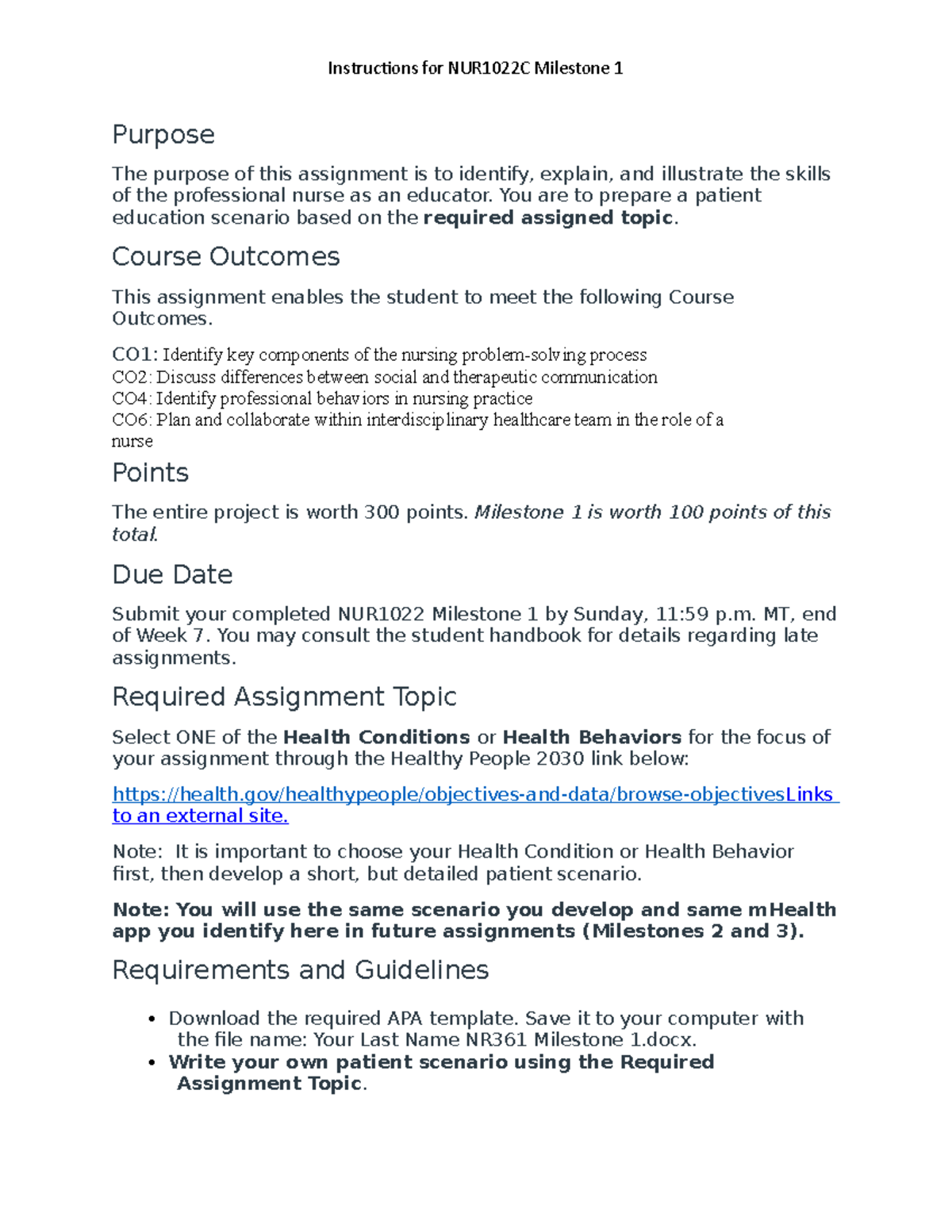 Milestone 1 Instructions - Instructions for NUR1022C Milestone 1 ...