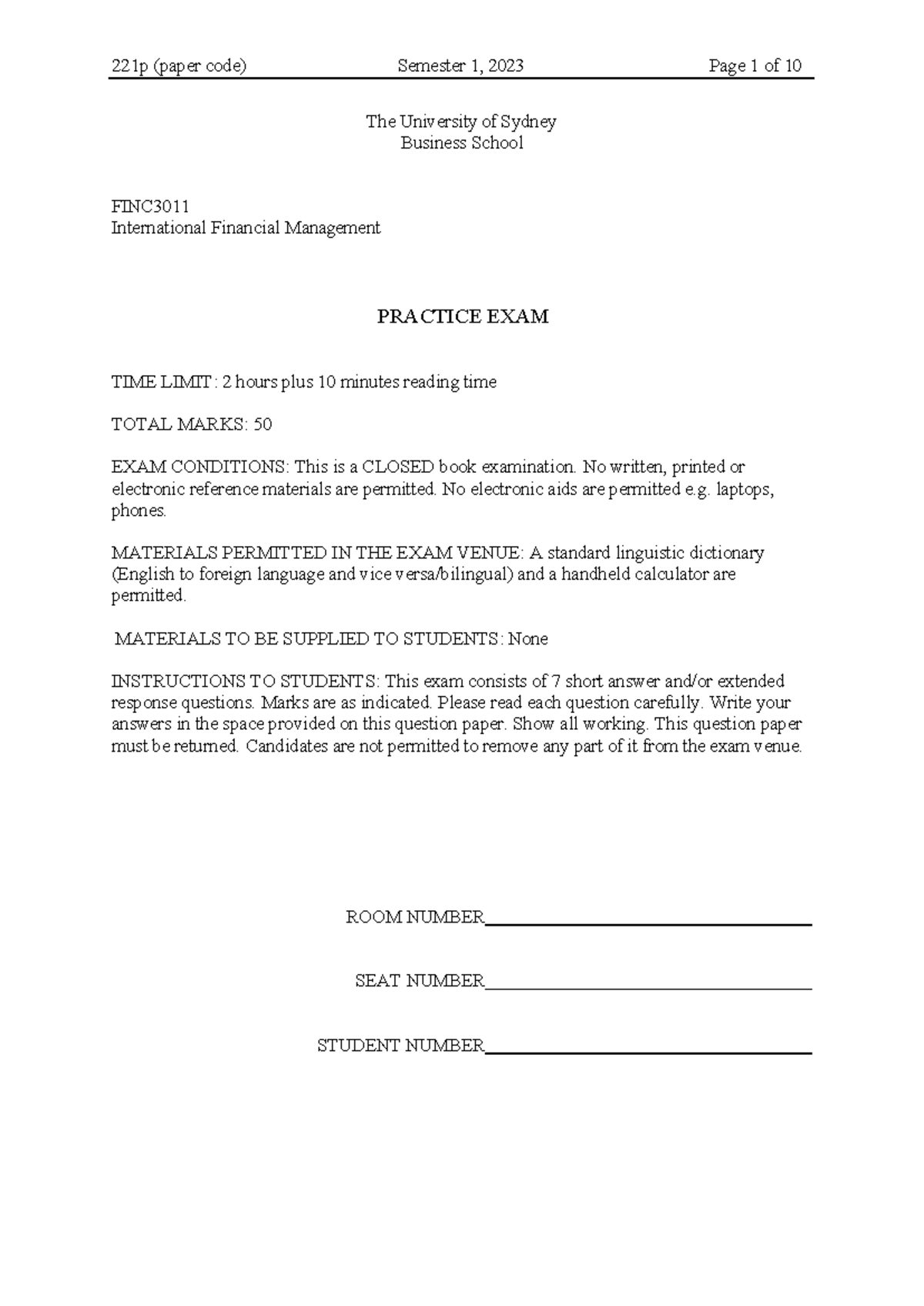 Practice exam - FINC3011 practic exam - The University of Sydney ...