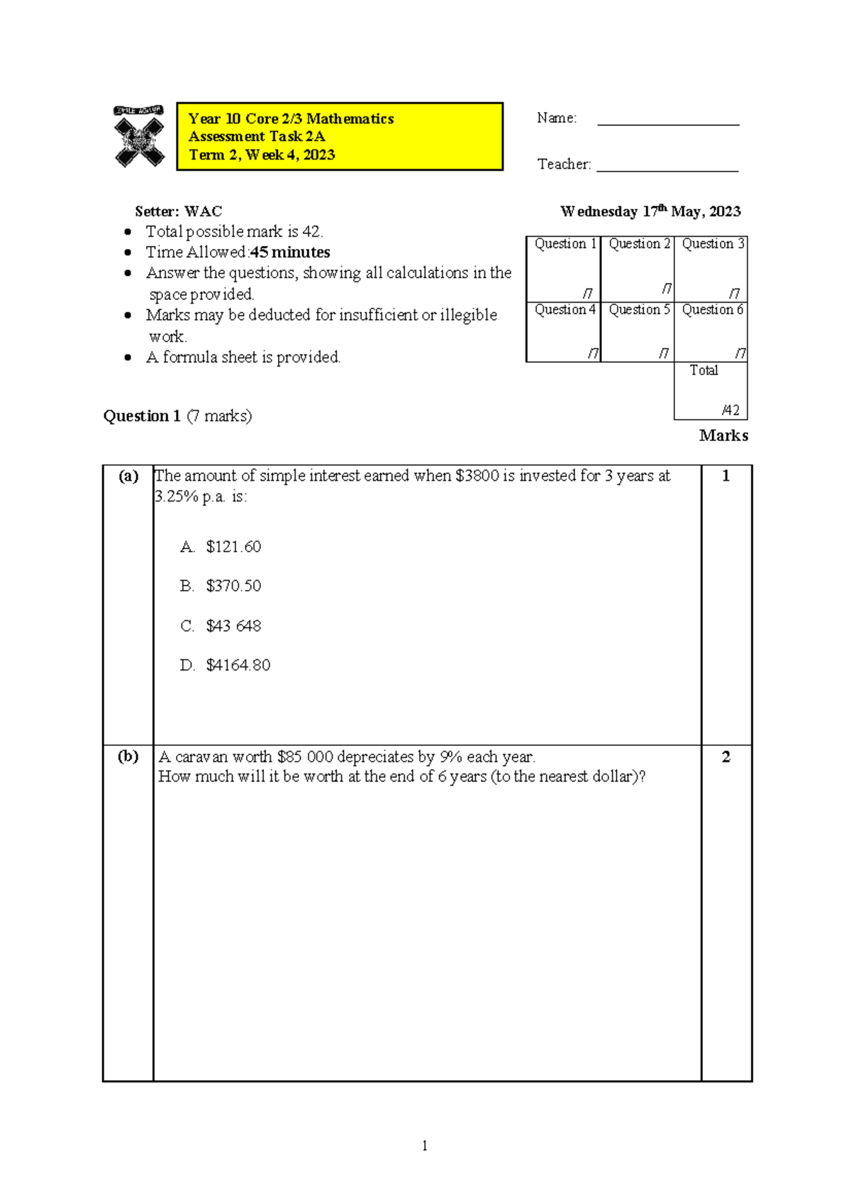 2023 Year 10 Core 2 Mathematics Assessment Task 2 - Final Exam - Name