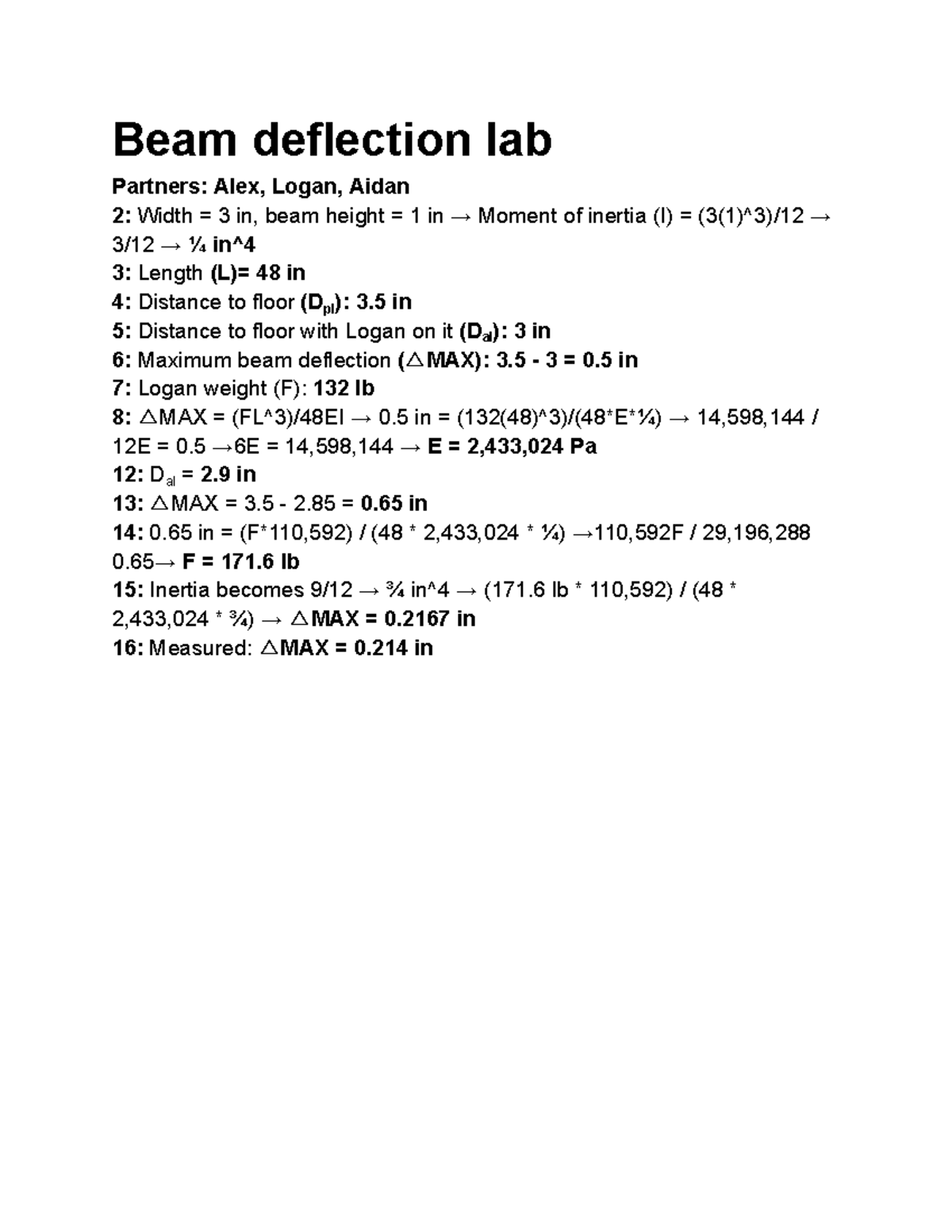 Beam deflection lab - Beam deflection lab Partners: Alex, Logan, Aidan ...