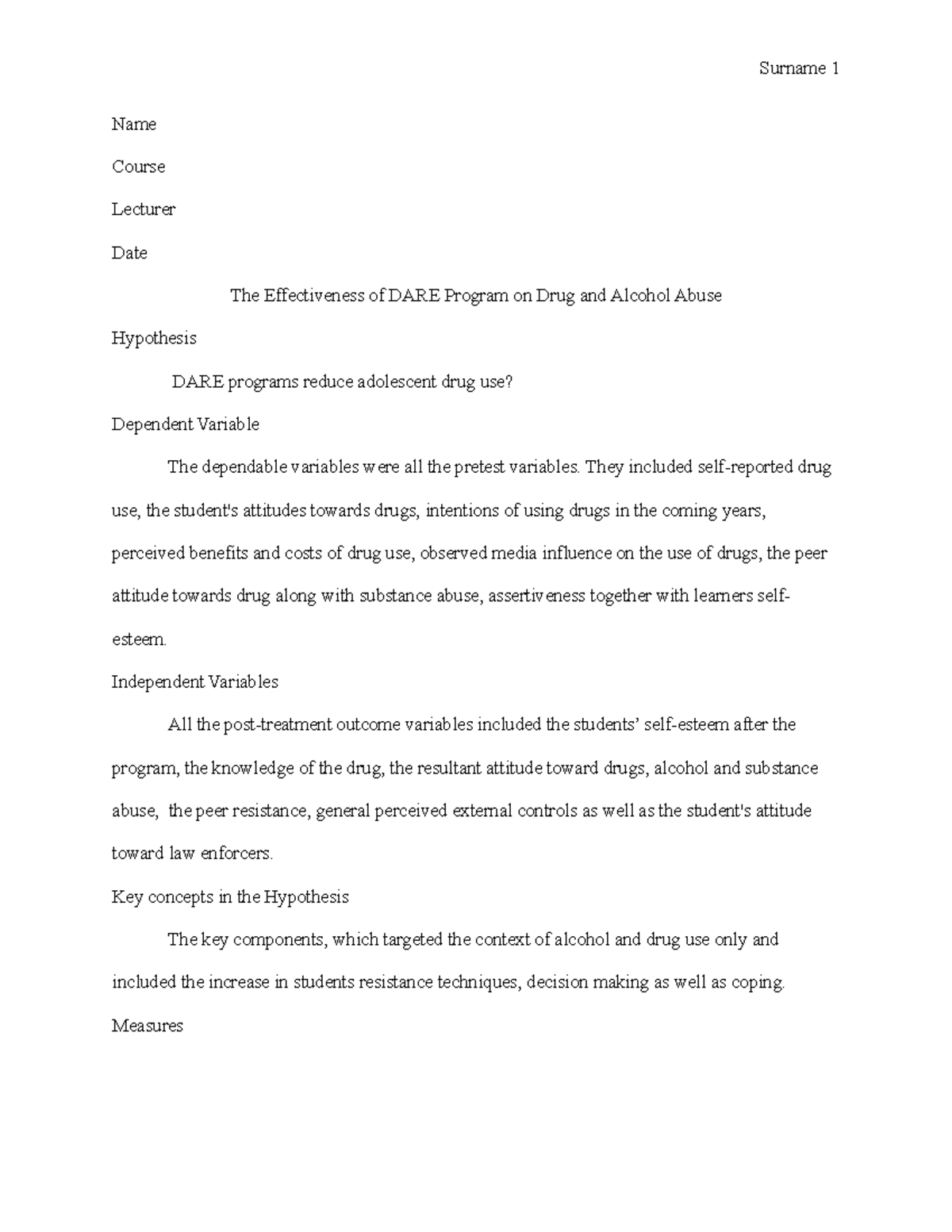 DARE Program on Drug and Alcohol Abuse - Surname 1 Name Course Lecturer ...