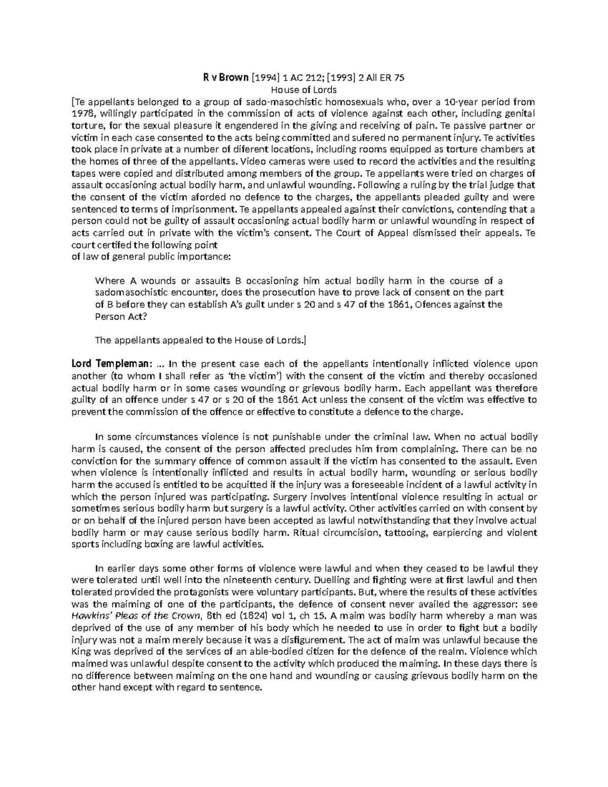 Criminal Law - case notes - R v Brown [1994] 1 AC 212; [1993] 2 All ER ...