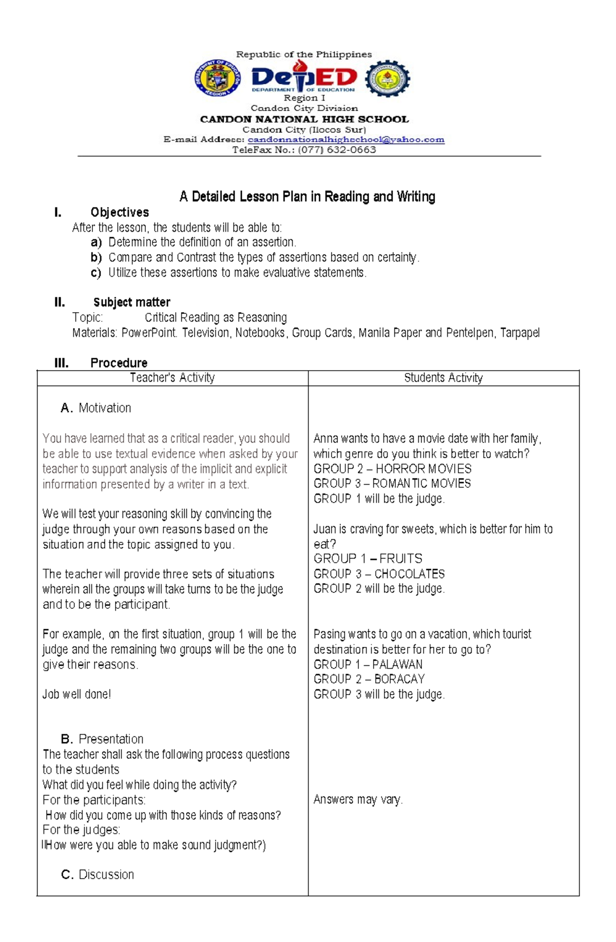 Demo 2 critical reading as reasoning - A Detailed Lesson Plan in ...