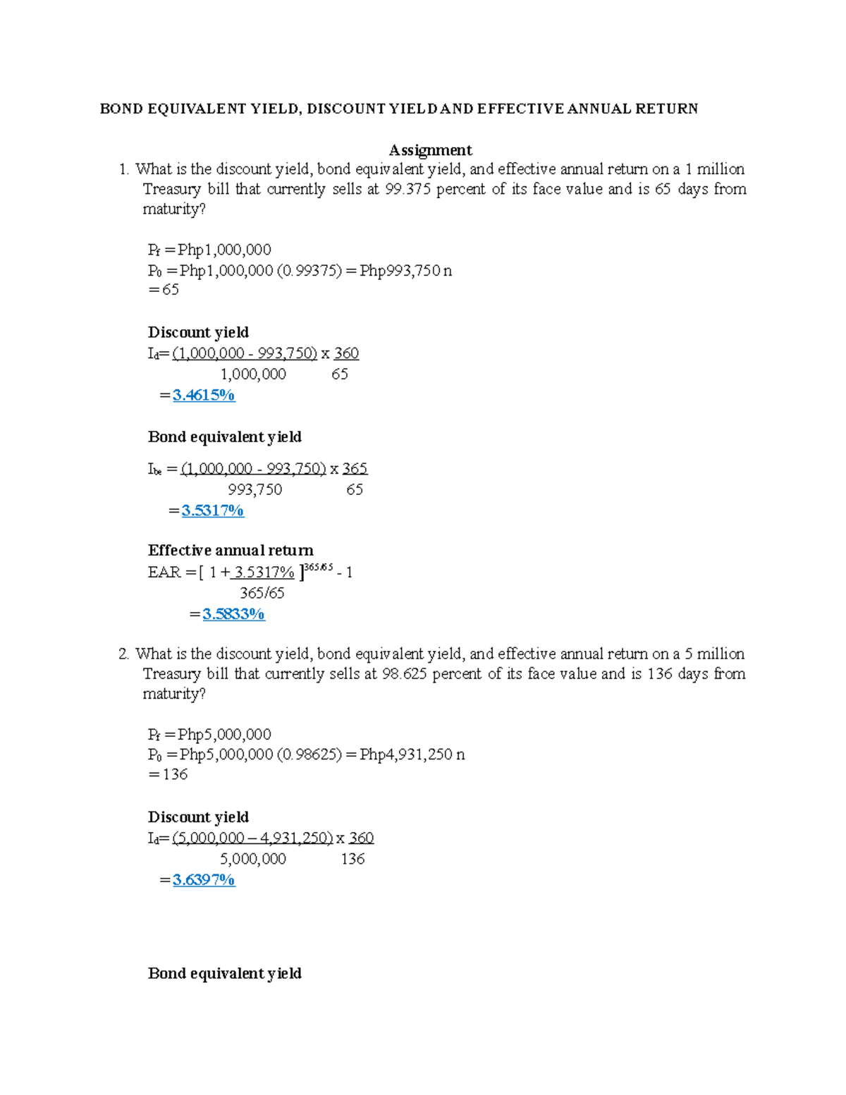Bond Equivalent Yield Financial Markets BOND EQUIVALENT YIELD