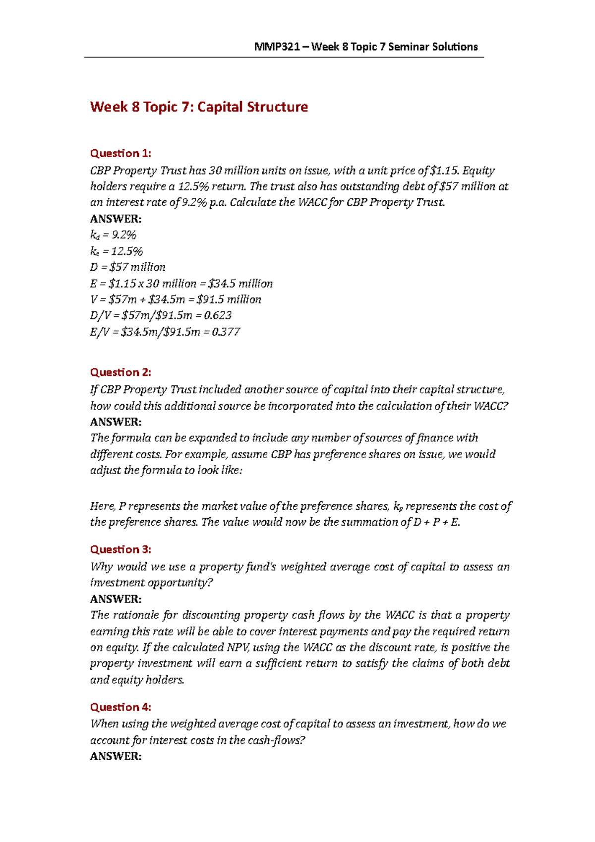 Week 8 Topic 7 Solutions 1 - MMP321 – Week 8 Topic 7 Seminar Solu琀椀ons Week 8 Topic 7: Capital ...
