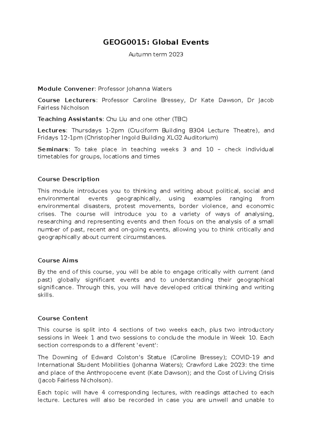 GEOG0015 Handbook - GEOG0015: Global Events Autumn term 2023 Module ...