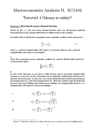 Tutorial 4 sol S12021 - Macroeconomics Analysis II, EC Tutorial 4 Solution Question 1 (sol) a ...