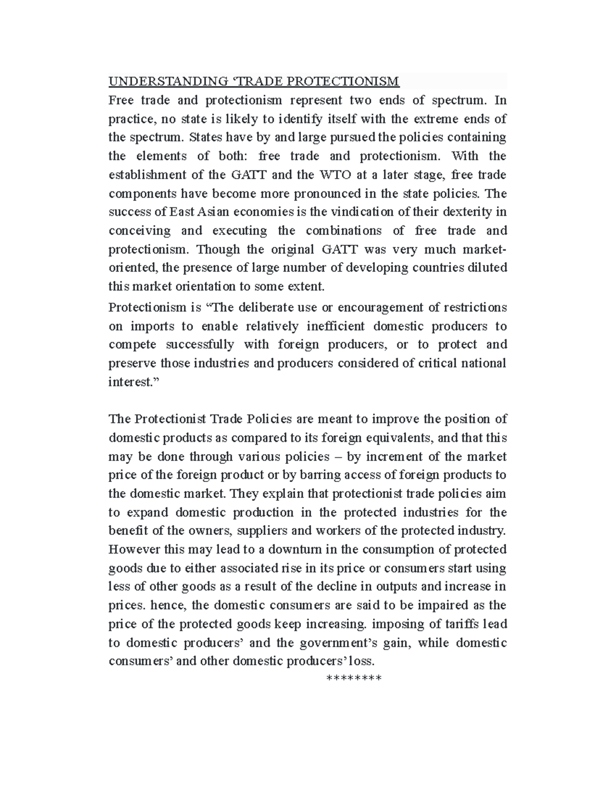 Notes.trade protectionism - UNDERSTANDING ‘TRADE PROTECTIONISM Free ...