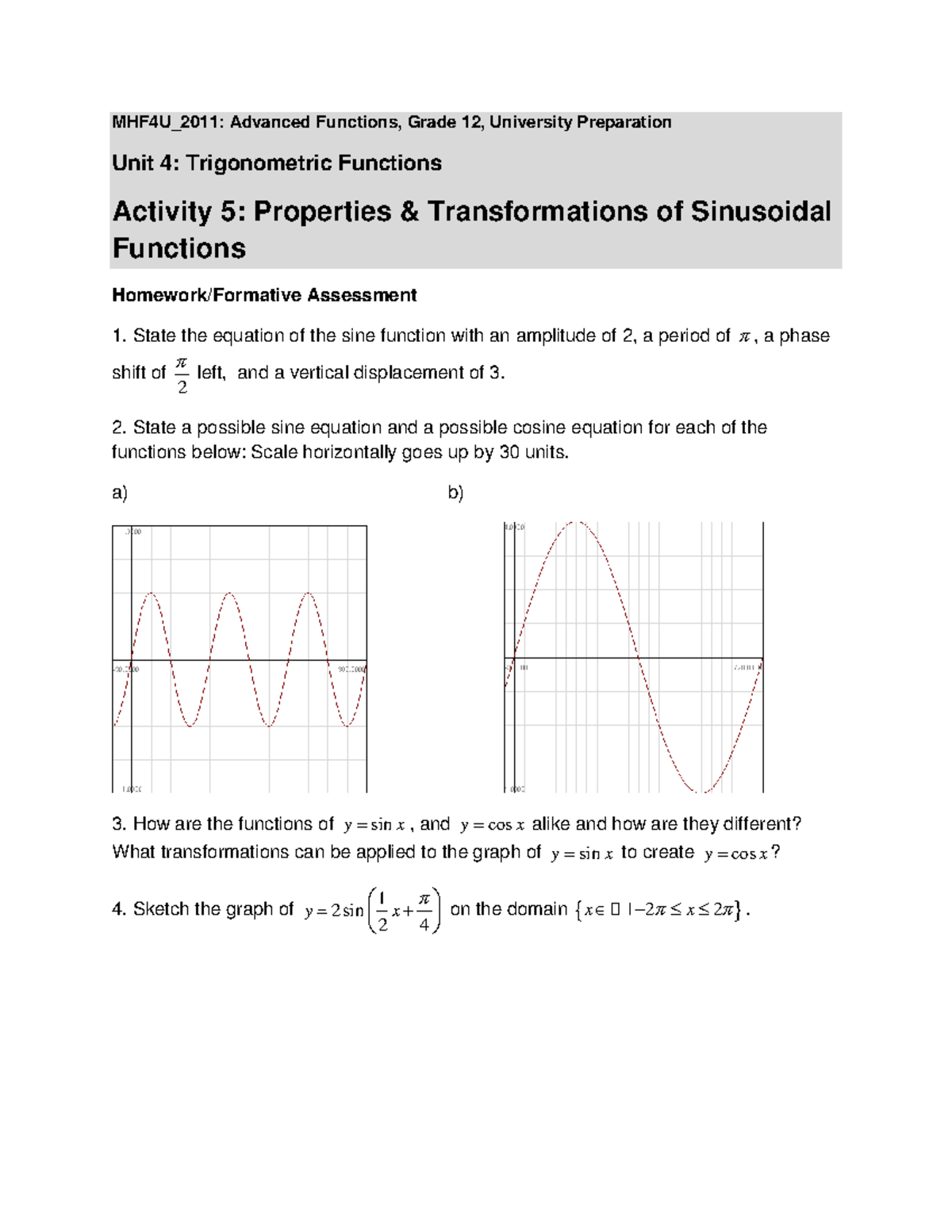 Practicee 1e LOsinusoidal Eqtn - MHF4U_2011: Advanced Functions, Grade ...