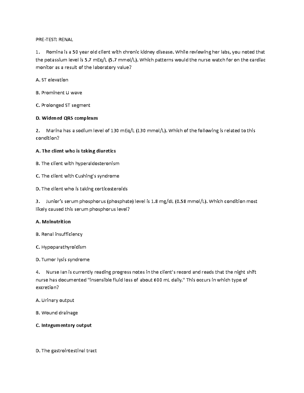 PRE-TEST Renal - N/a - PRE-TEST: RENAL Romina is a 50 year old client ...