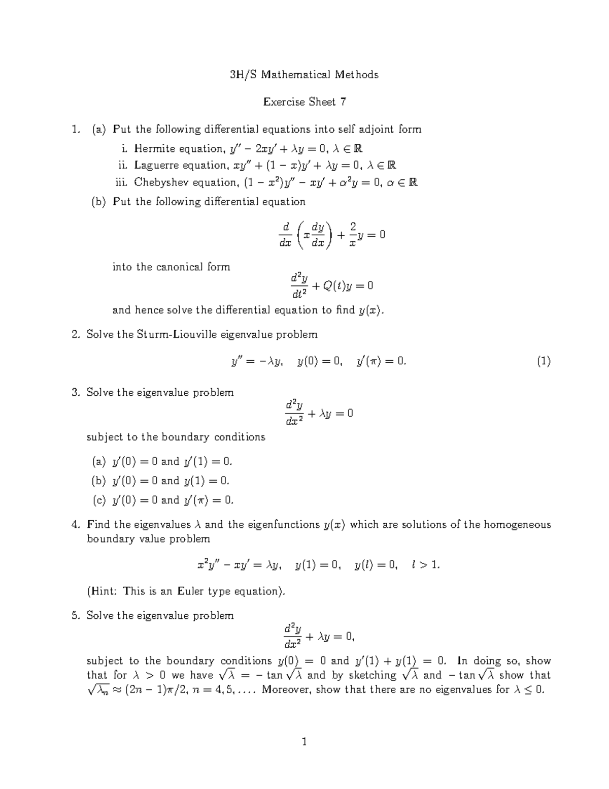 3h Math Meth exsheet 7 - Exercise sheet 7 - 3H/S Mathematical Methods ...