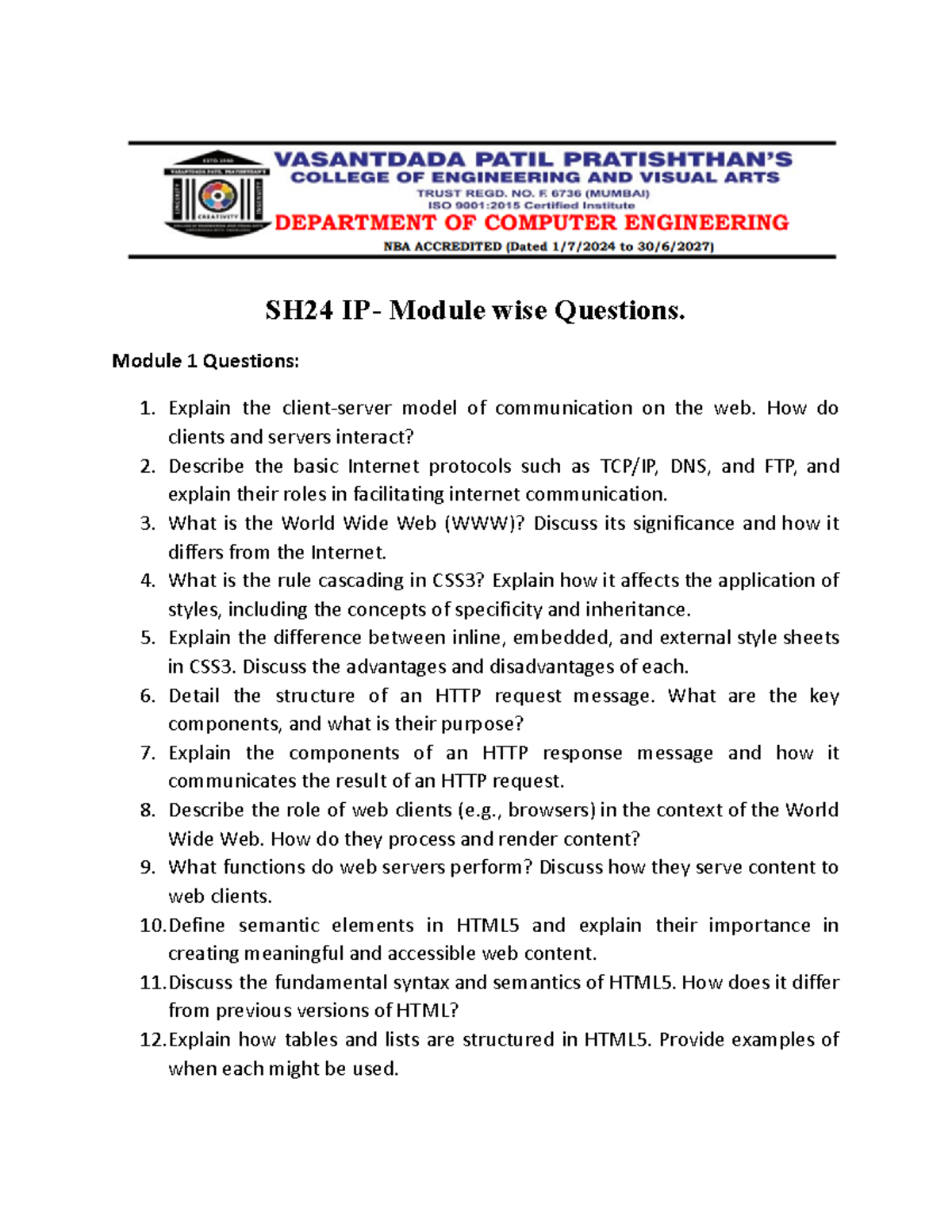 SH24 IP-Module wise Questions - SH24 IP- Module wise Questions. Module 1 Questions: 1. Explain ...