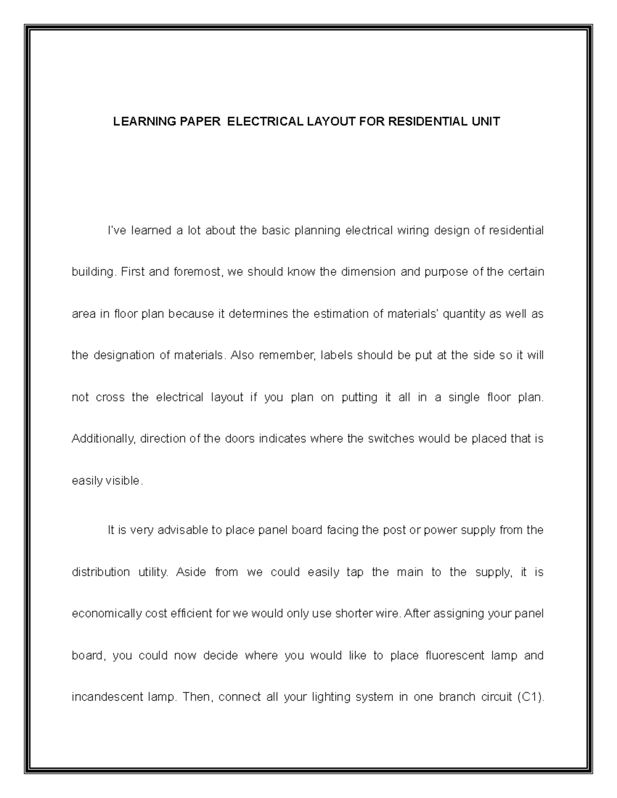 Learning Paper Electrical Layout FOR Residential UNIT - LEARNING PAPER ELECTRICAL LAYOUT FOR ...