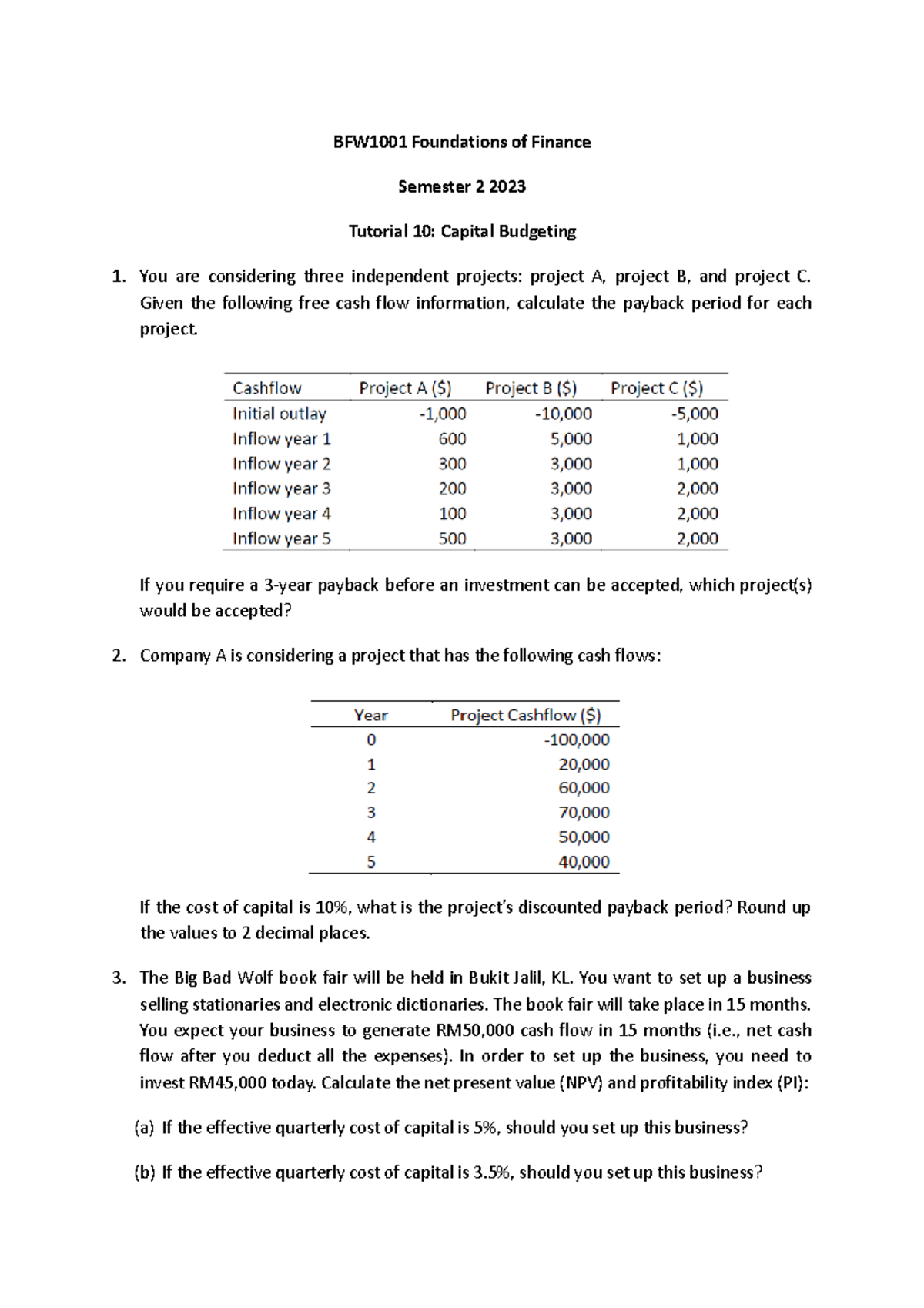 BFW1001 Tutorial 10 Questions - BFW1001 Foundations of Finance Semester ...