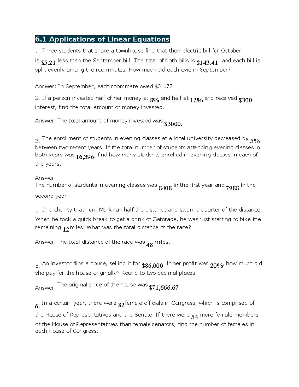 Math 1 - 6.1 Applications of Linear Equations - 6 Applications of ...