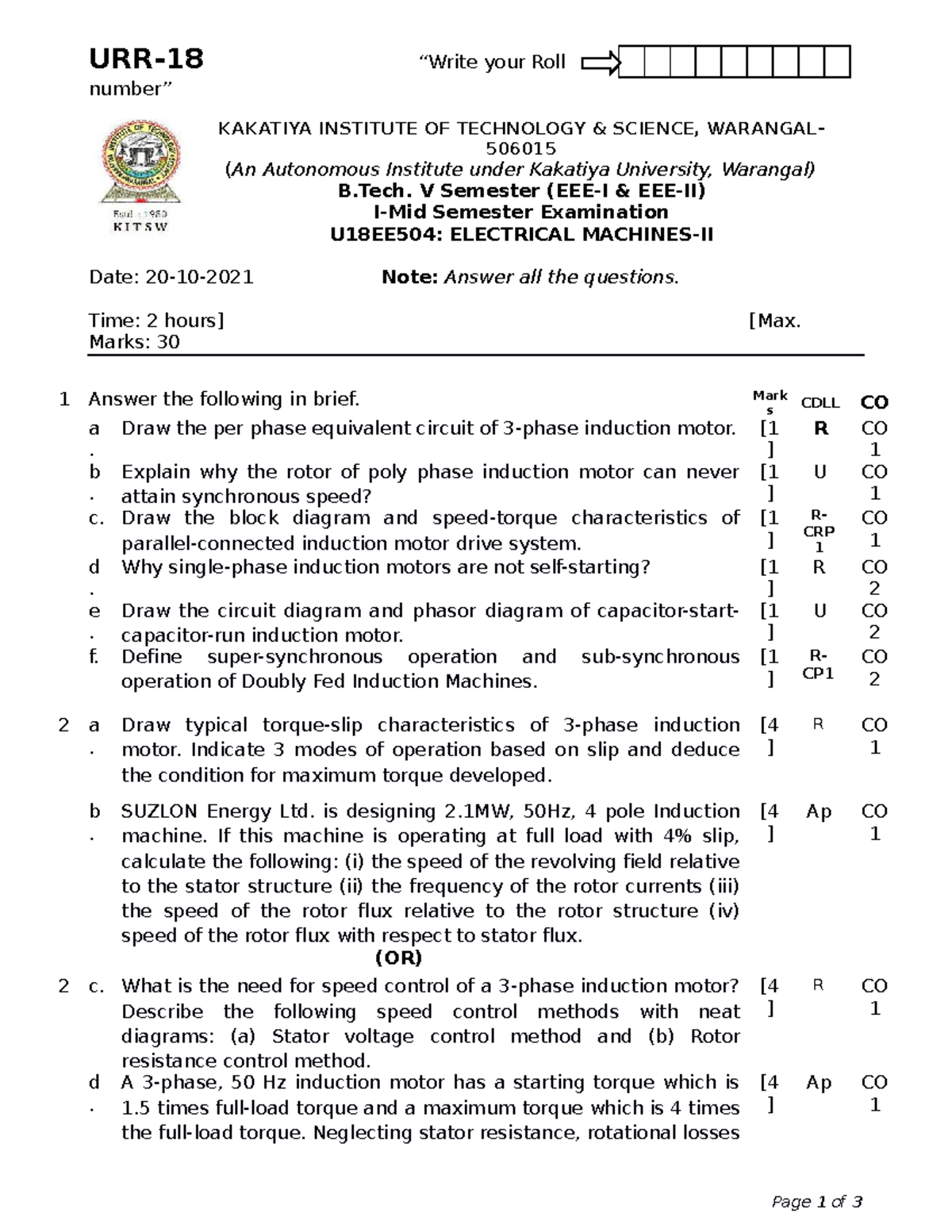 U18EE504EM Iimse Iqpay 2021 22 - URR-18 “Write your Roll number ...