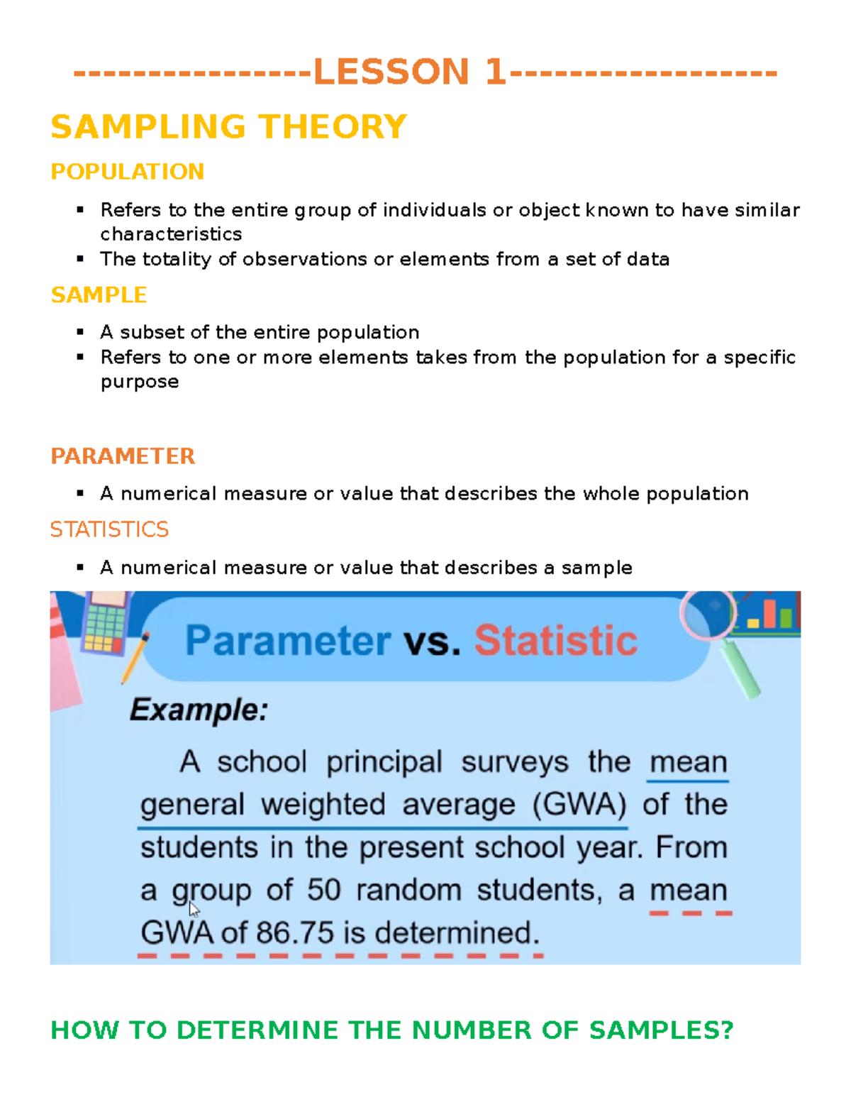 Statistics 2ND- Grading notes -LESSON 1- SAMPLING THEORY POPULATION ...