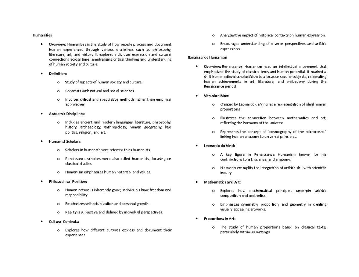 Overall Topic - Reviewer - Humanities • Overview: Humanities is the ...