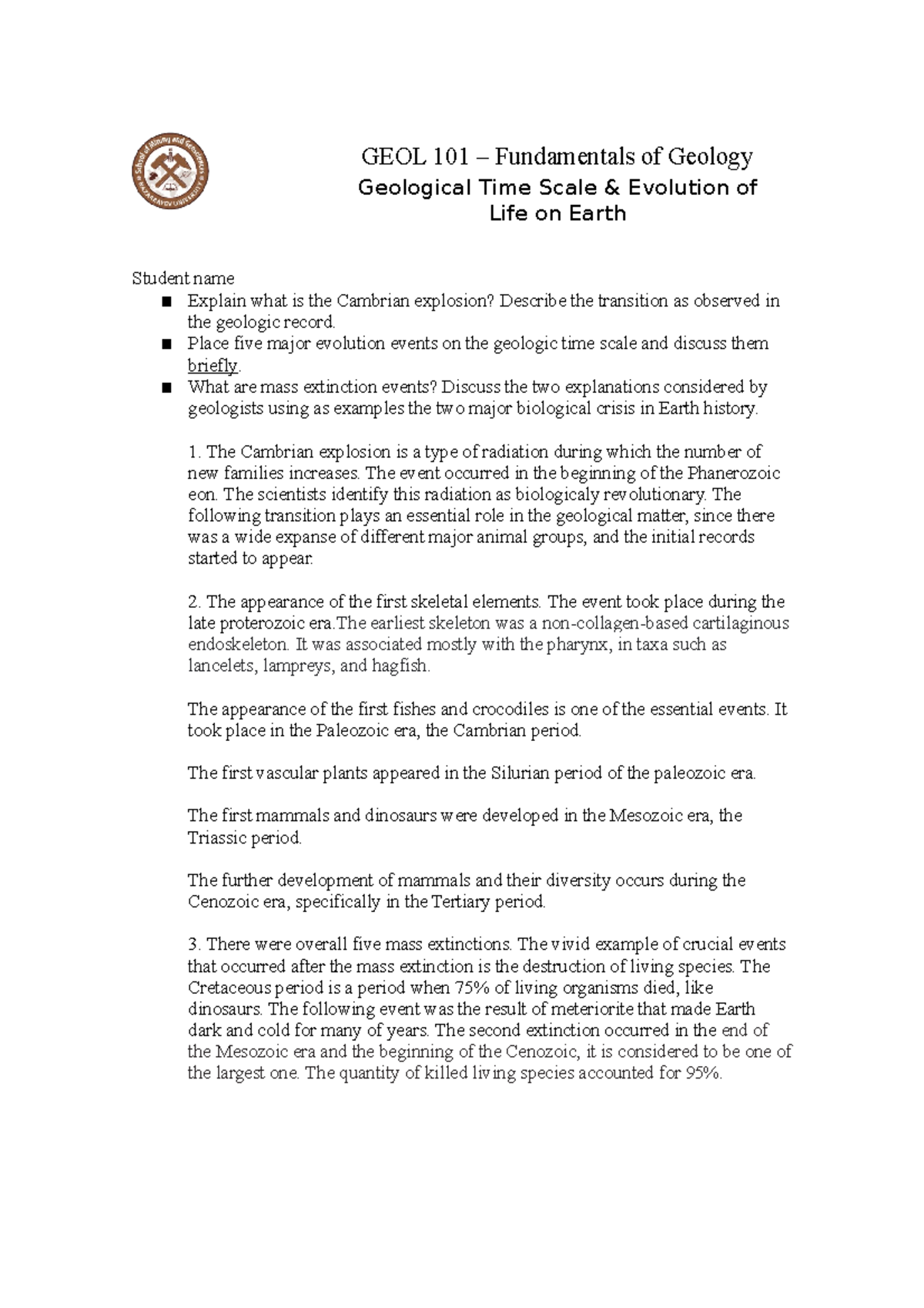 GEOL 101 - Laboratory 6 Time Scale and Evolution of Life on Earth ...
