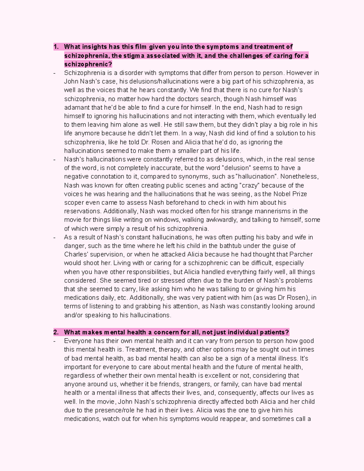 A Beautiful Mind Questions - What insights has this film given you into ...