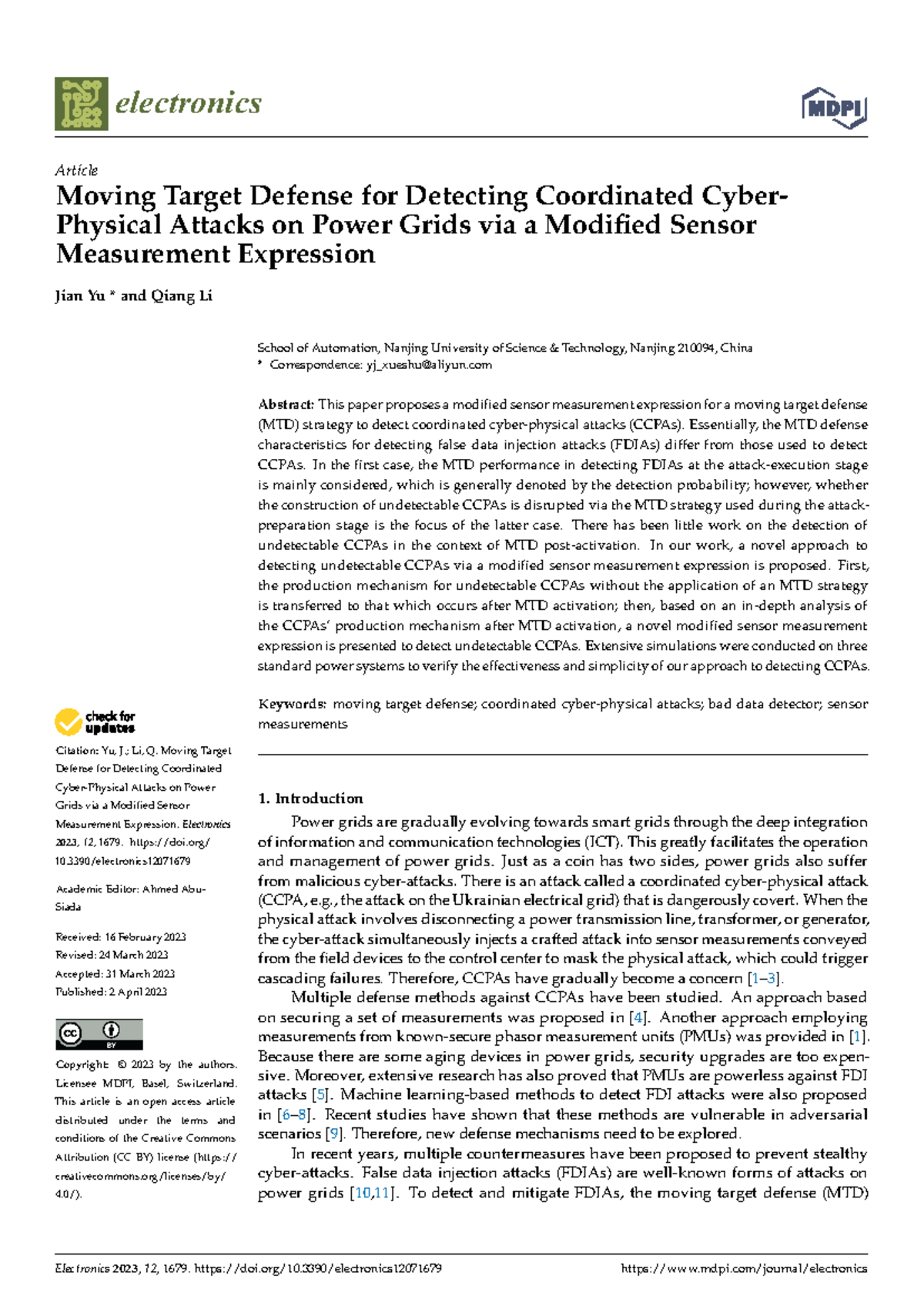 Moving Target Defense for Detection of ccpa - Citation: Yu, J.; Li, Q. Moving Target Defense for ...