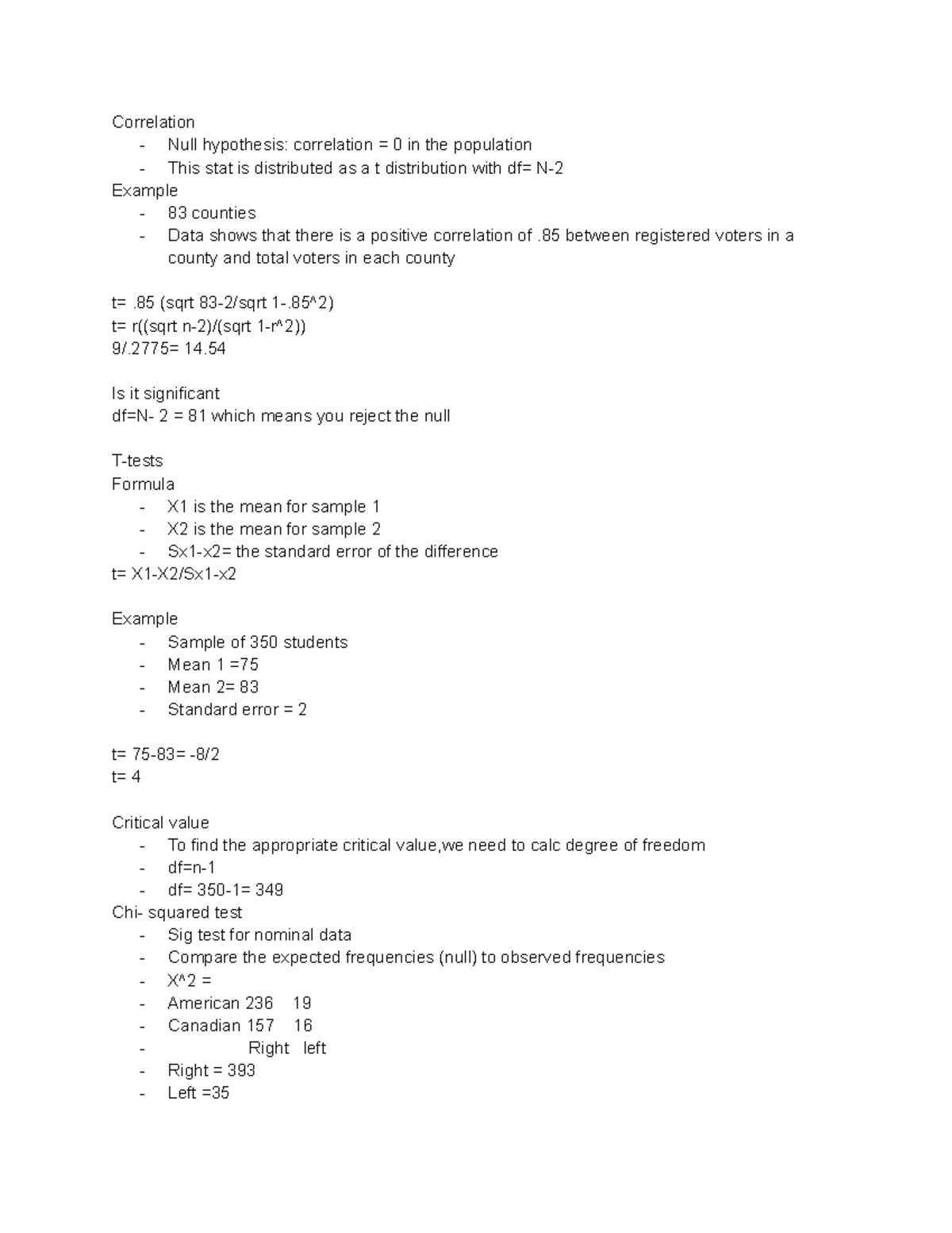 COM 300 lecture notes - Correlation - Null hypothesis: correlation = 0 ...
