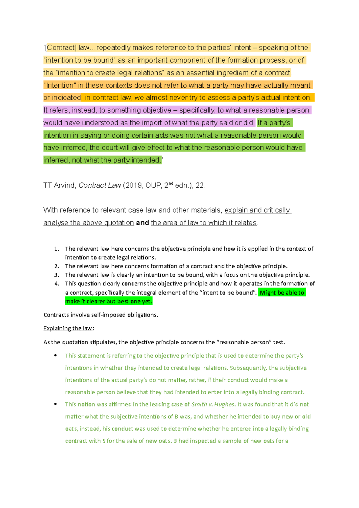 Objectivity essay plan real exam - ‘[Contract] law.. makes reference to ...