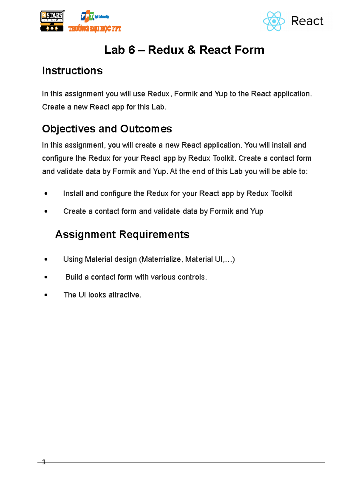 Lab 6 - Redux and React Form - Lab 6 – Redux & React Form Instructions In this assignment you ...