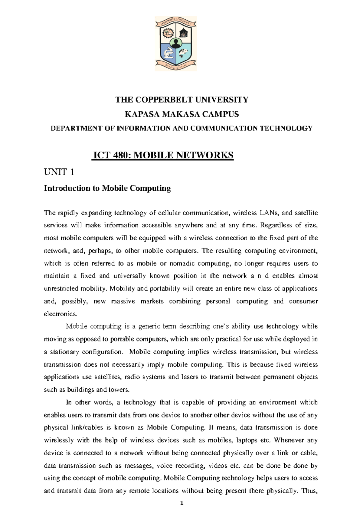 ICT 480-UNIT 1 - Teaching materials - THE COPPERBELT UNIVERSITY KAPASA MAKASA CAMPUS DEPARTMENT ...