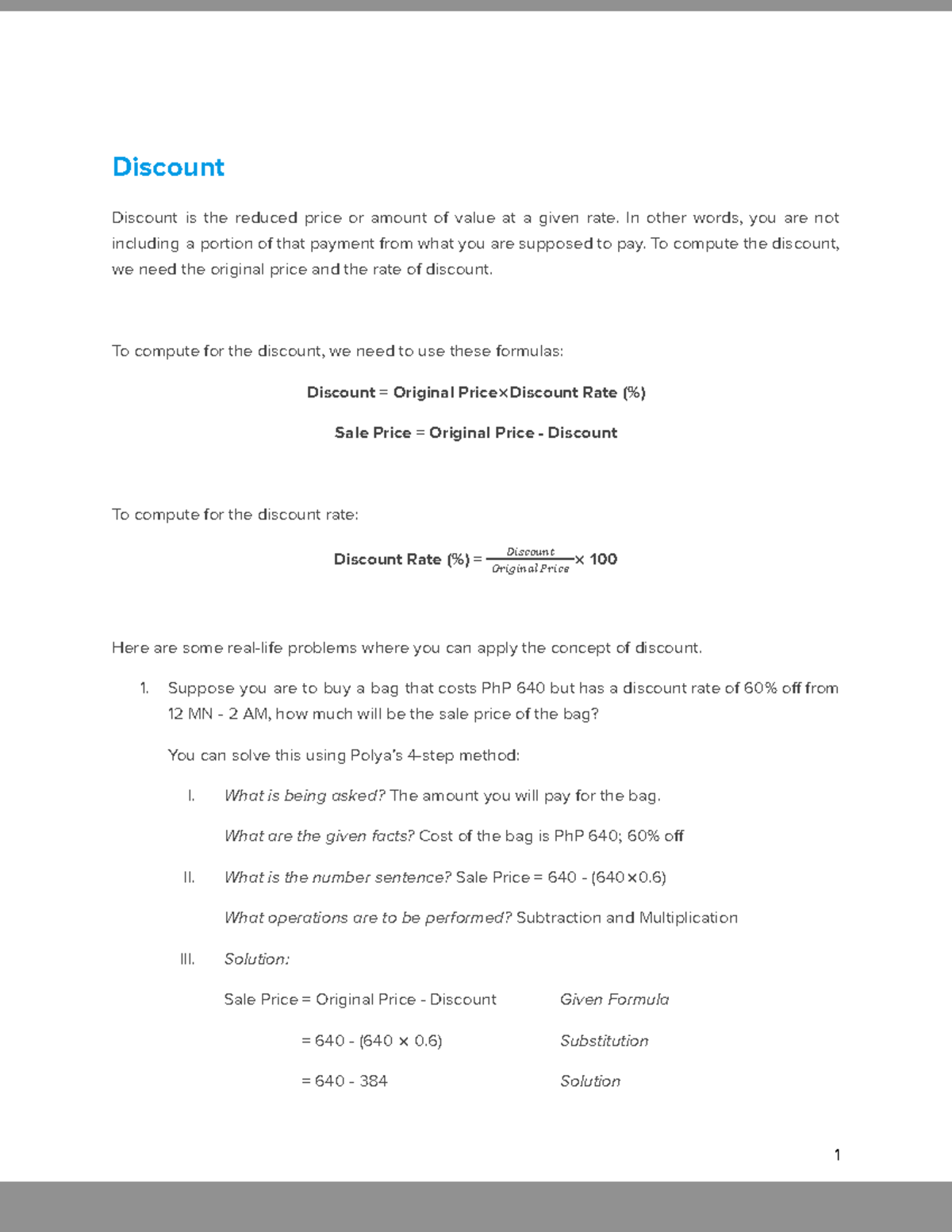 Reading Material 5 College Logic and Math - Discount Discount is the ...