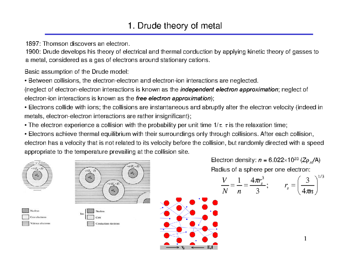 Part 6 Electronic Structure - 1. Drude theory of metal 1897: Thomson ...