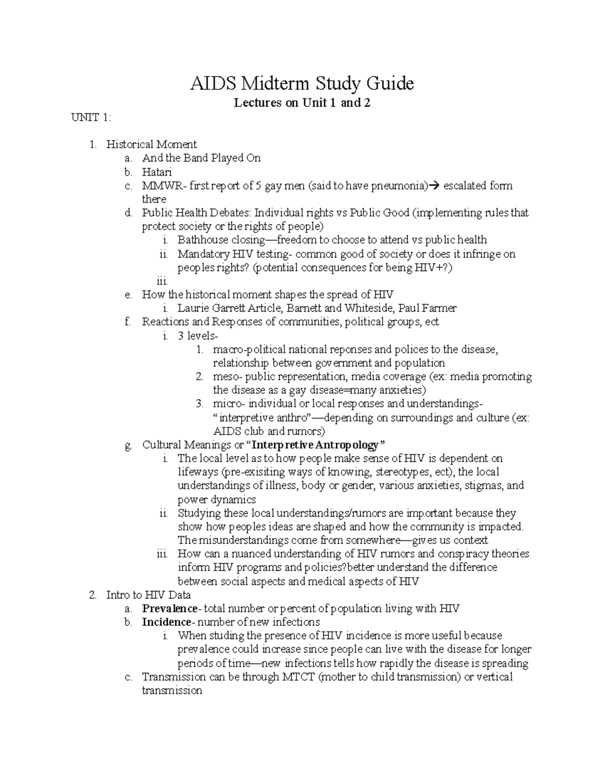 AIDS Study Guide- lectures - AIDS Midterm Study Guide Lectures on Unit ...