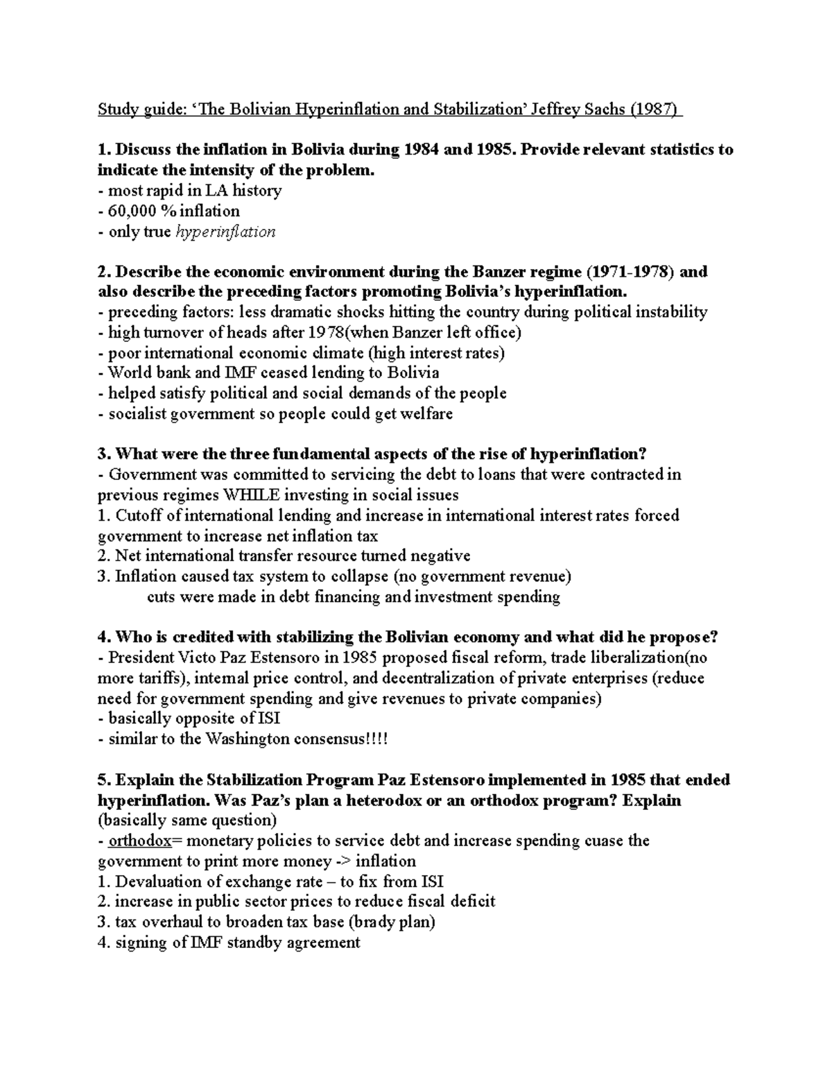 Study guide Exam 3 - Study guide: Bolivian Hyperinflation and Jeffrey ...