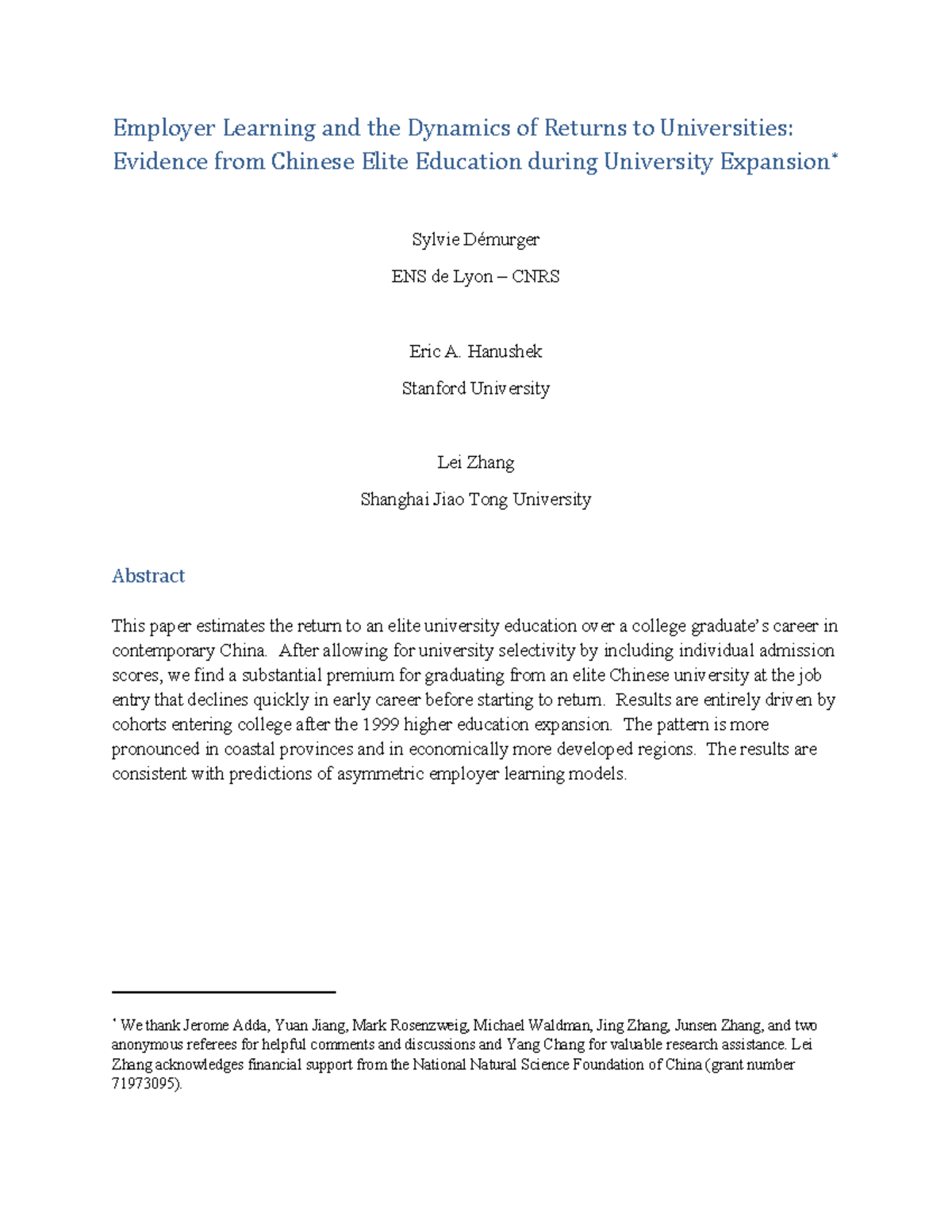 Demurger Hanushek Zhang-forthcoming-EDCC - Employer Learning and the ...