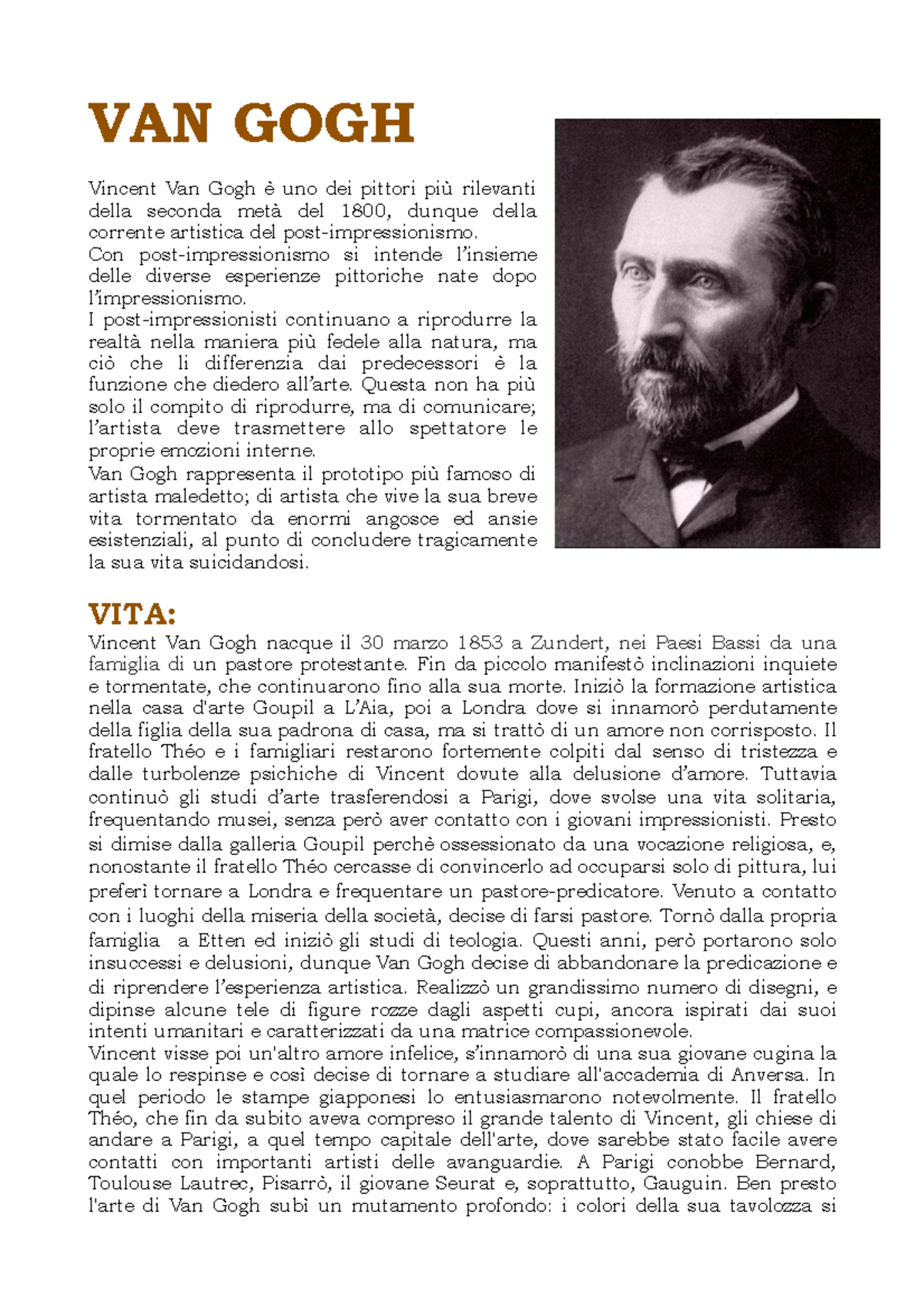 VAN GOGH - Summary Storia dell'arte contemporanea - VAN GOGH Vincent ...