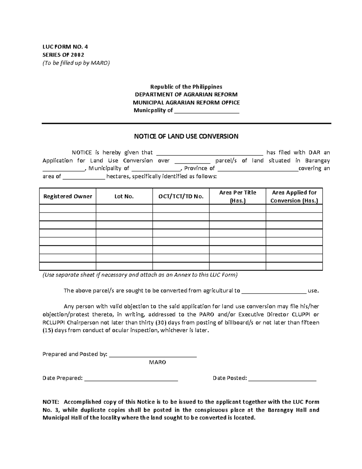 DAR+-+LUC+FORM+NO - Luc form basis - LUC FORM NO. 4 SERIES OF 2002 (To ...