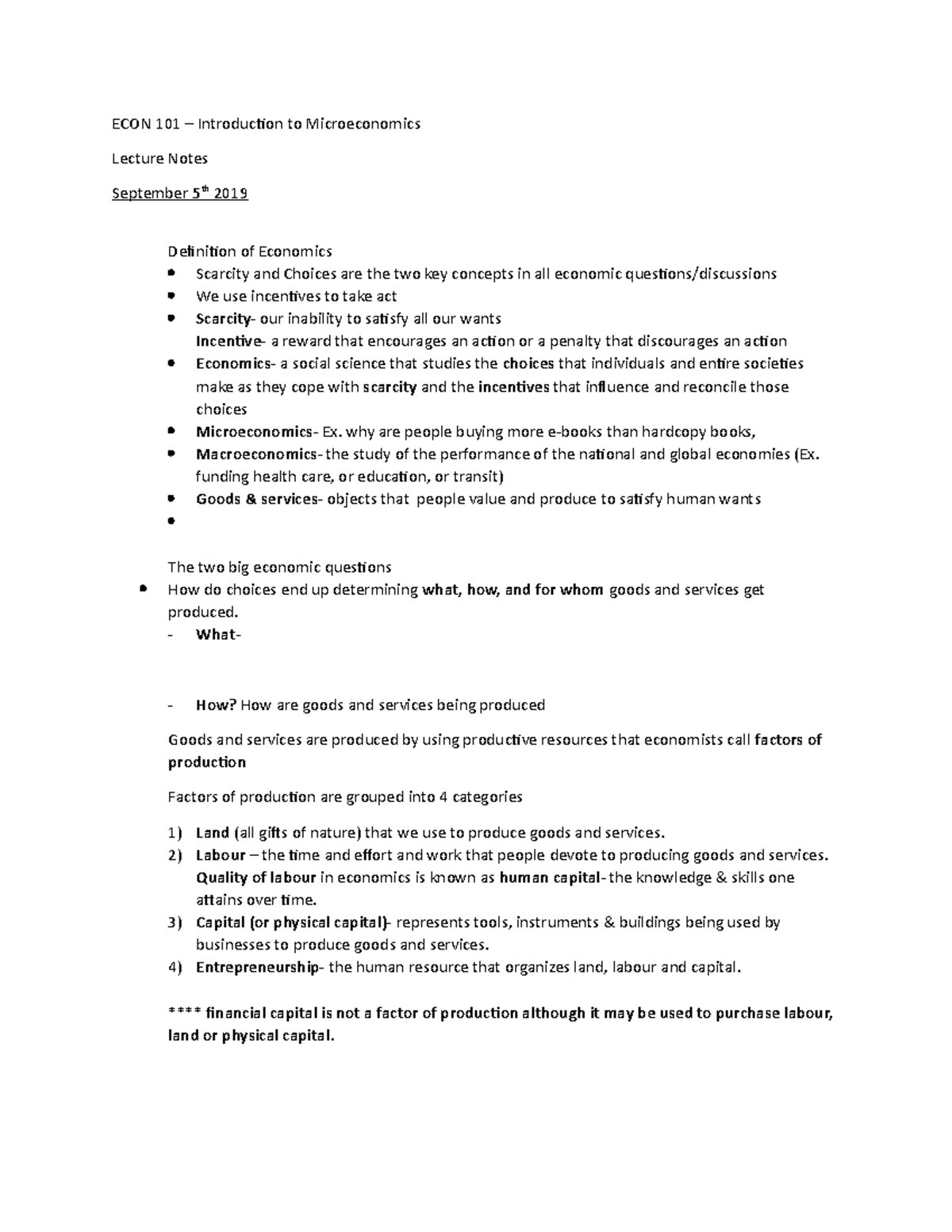 ECON 101 Lecture Notes - ECON 101 – Introduction to Microeconomics ...