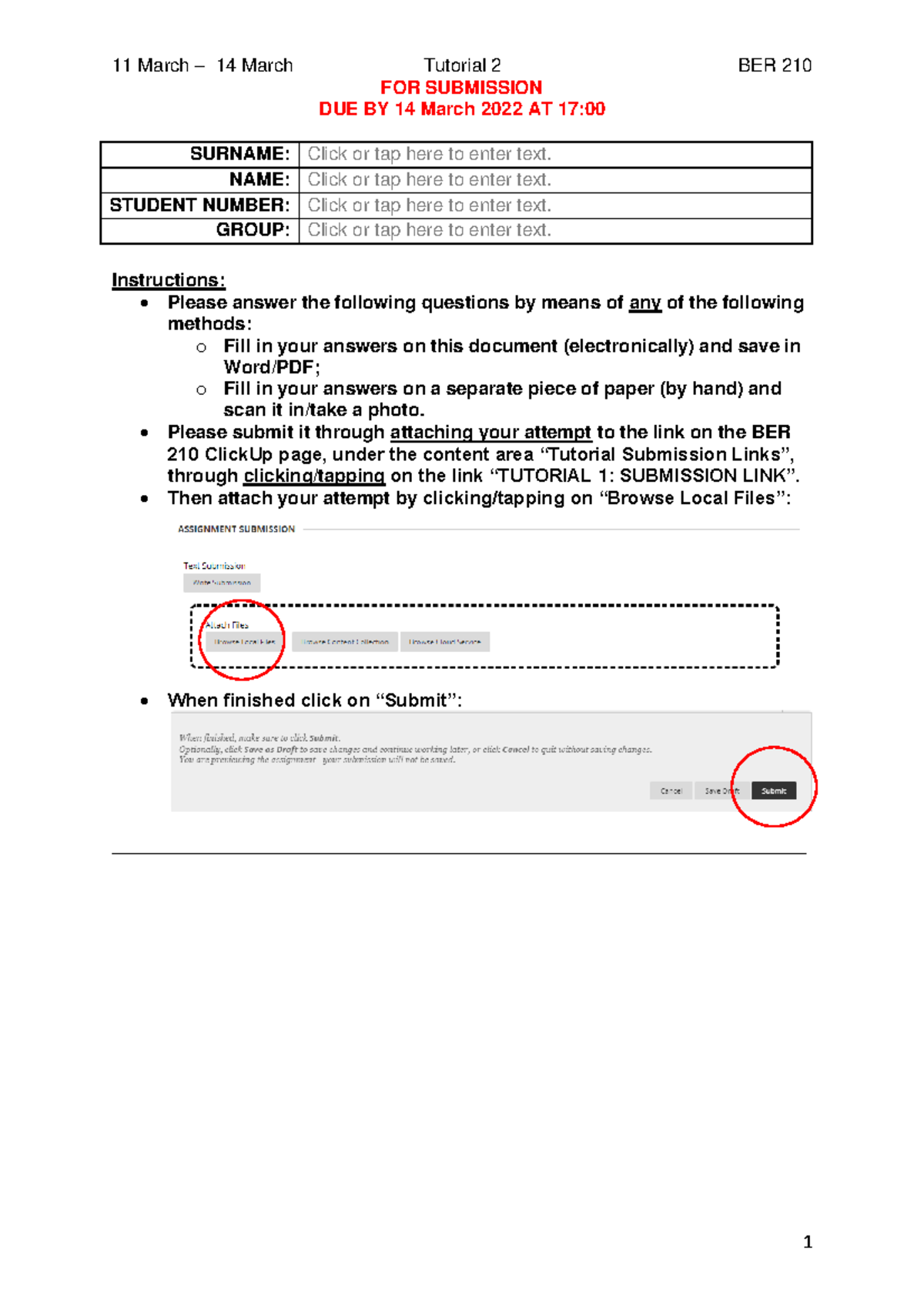 Tutorial 2 - BER 210 2022(1) - 11 March – 14 March Tutorial 2 BER 210 FOR SUBMISSION DUE BY 14 ...