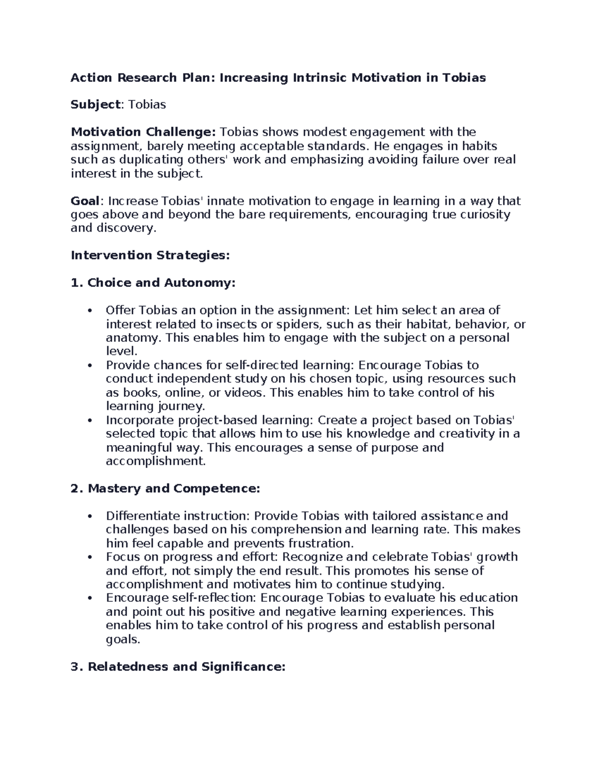 Document - Assignment - Action Research Plan: Increasing Intrinsic ...