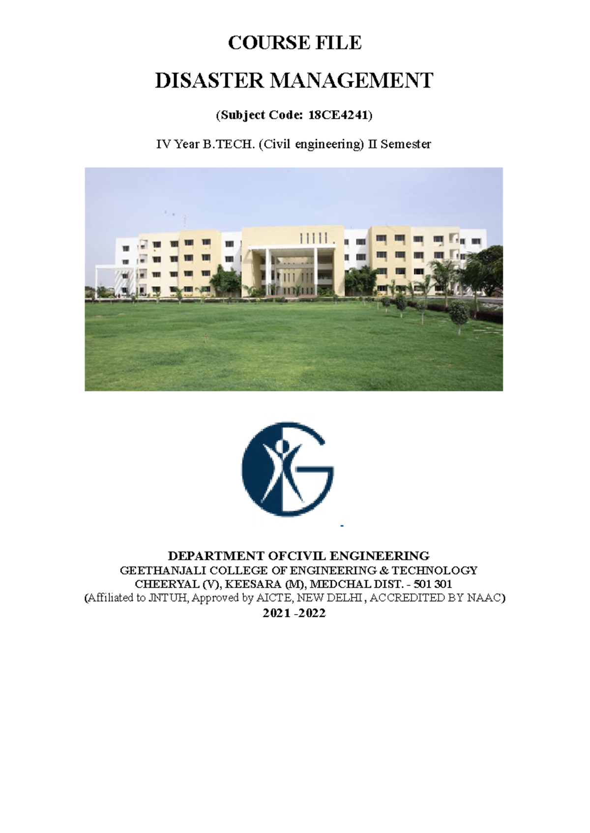 Disaster Management Notes - COURSE FILE DISASTER MANAGEMENT (Subject ...