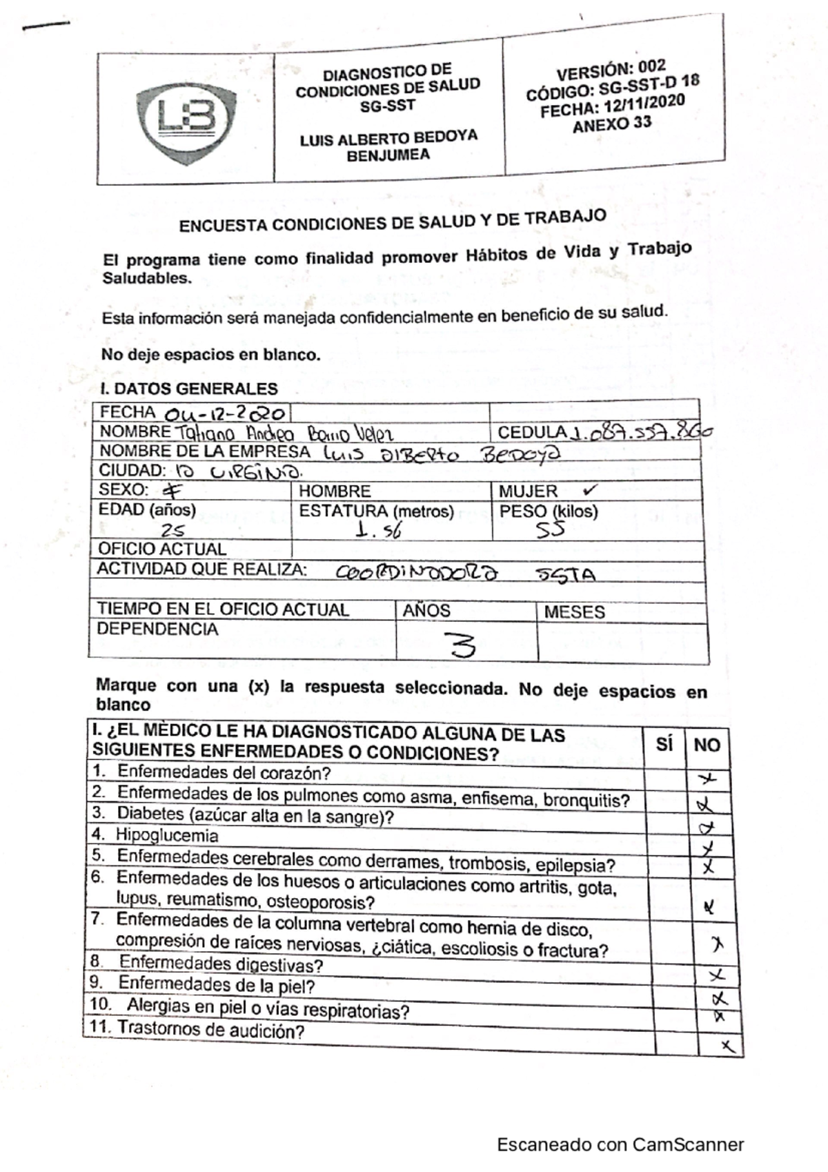 Diagnostico DE Condiciones DE Salud V2 - Gerencia en seguridad y salud ...