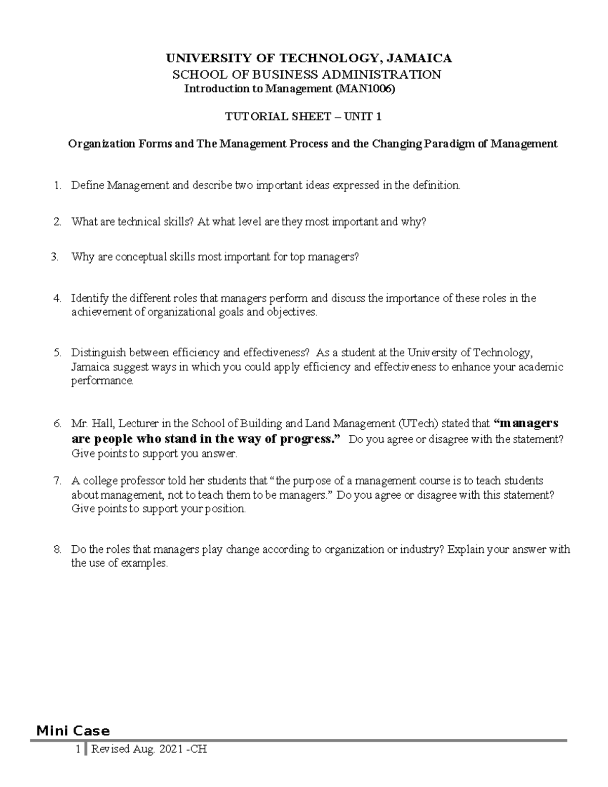 ITM UNIT 1 Tutorial Sheet - UNIVERSITY OF TECHNOLOGY, JAMAICA SCHOOL OF BUSINESS ADMINISTRATION ...