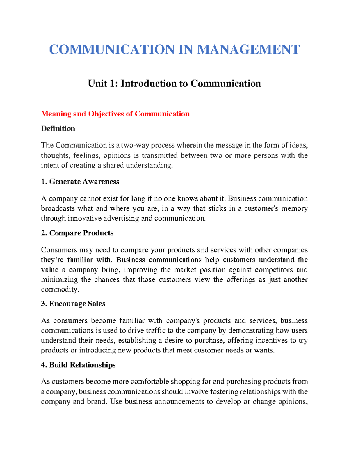 Unit I Intro. to Comm - COMMUNICATION IN MANAGEMENT Unit 1 ...
