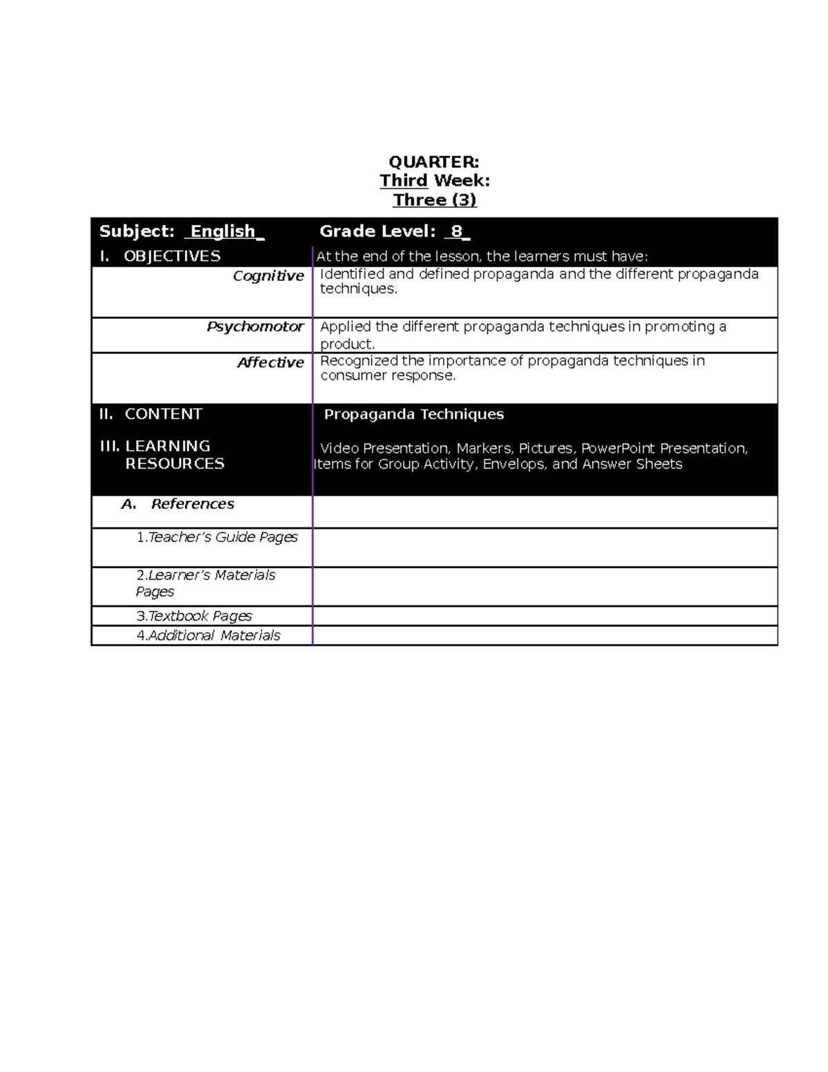 Detailed Lesson Plan 542 - QUARTER: Third Week: Three (3) Subject ...