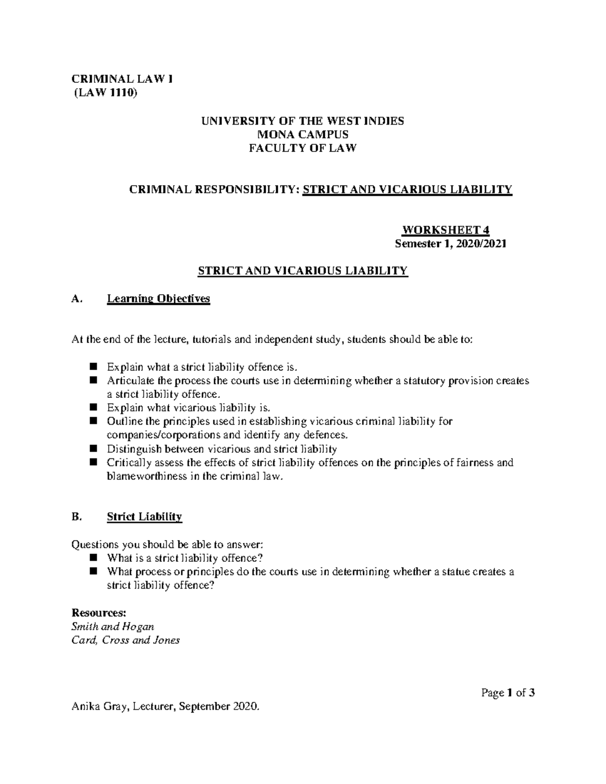 Criminal Law I: Strict and Vicarious Liability Worksheet - Studocu