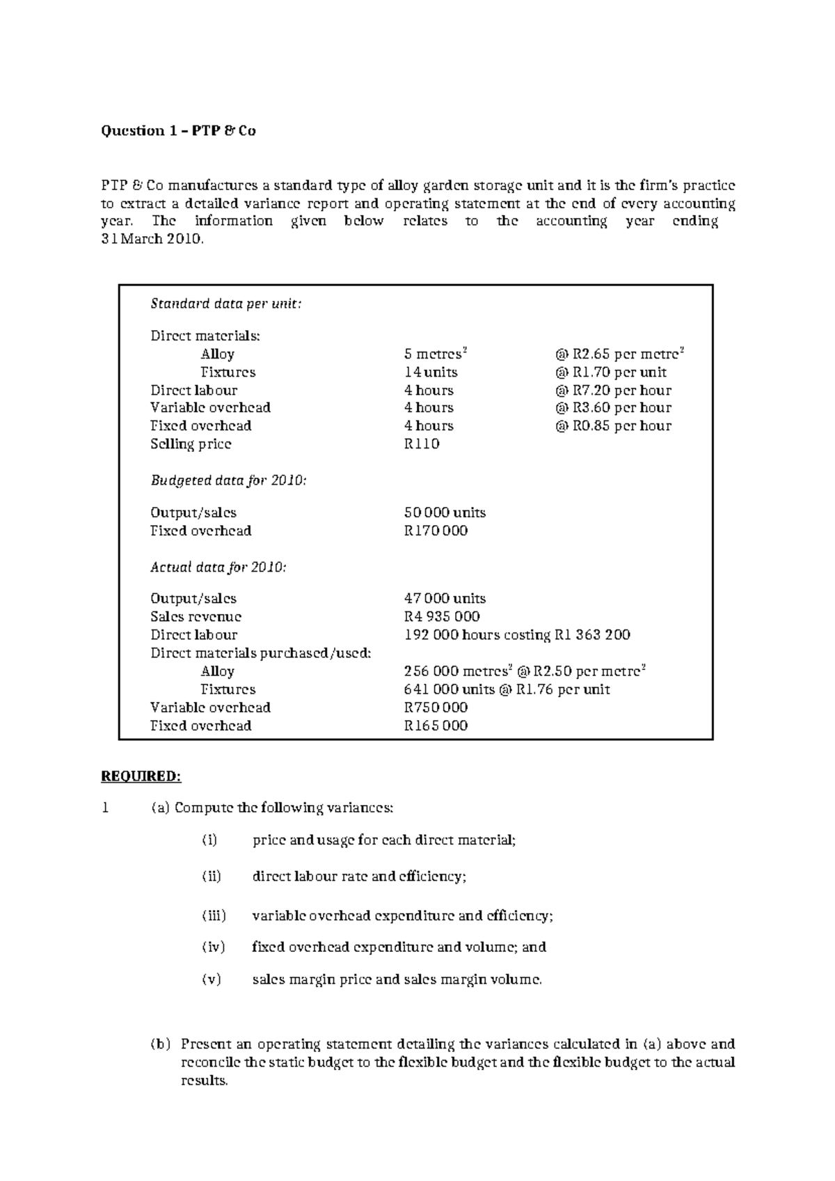 Standard Costing Question Bank with Solutions - Question 1 – PTP & Co ...