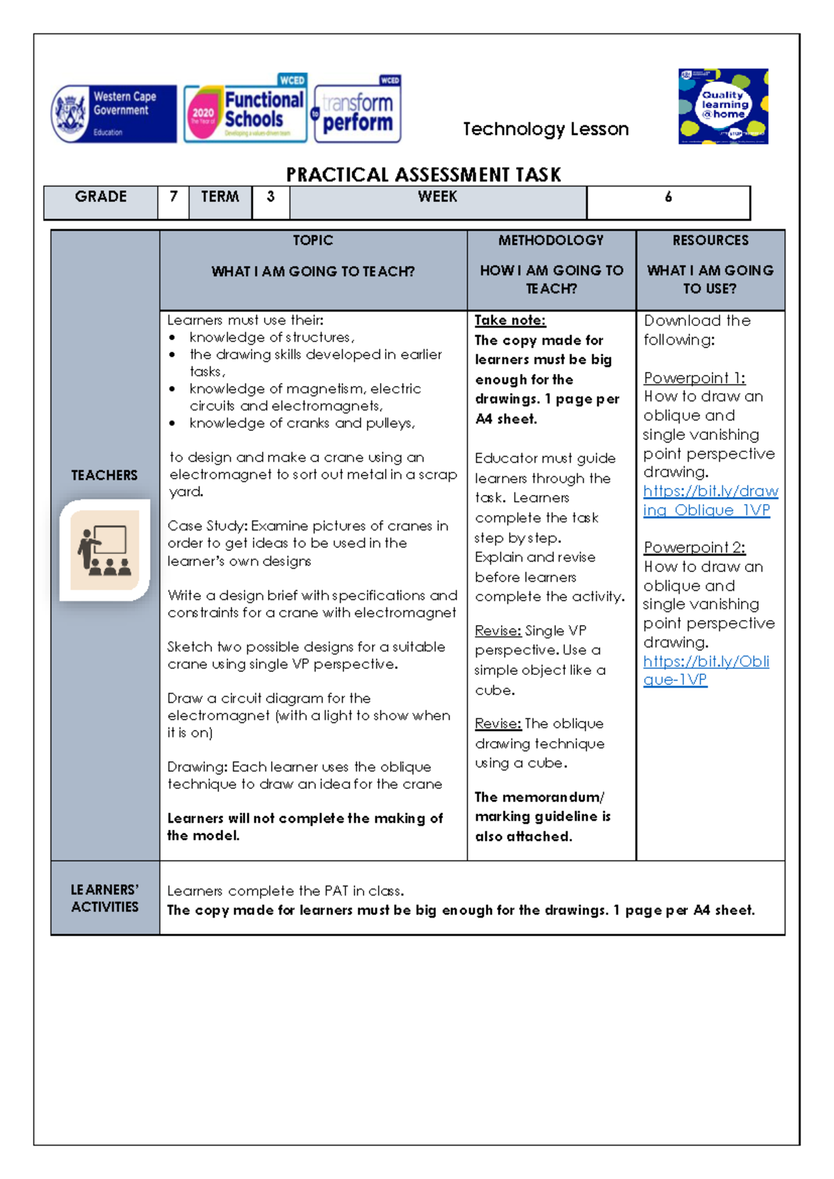 Lesson Plan Gr 7 Technology T3 W6 - Technology Lesson PRACTICAL ASSESSMENT TASK GRADE 7 TERM 3 ...