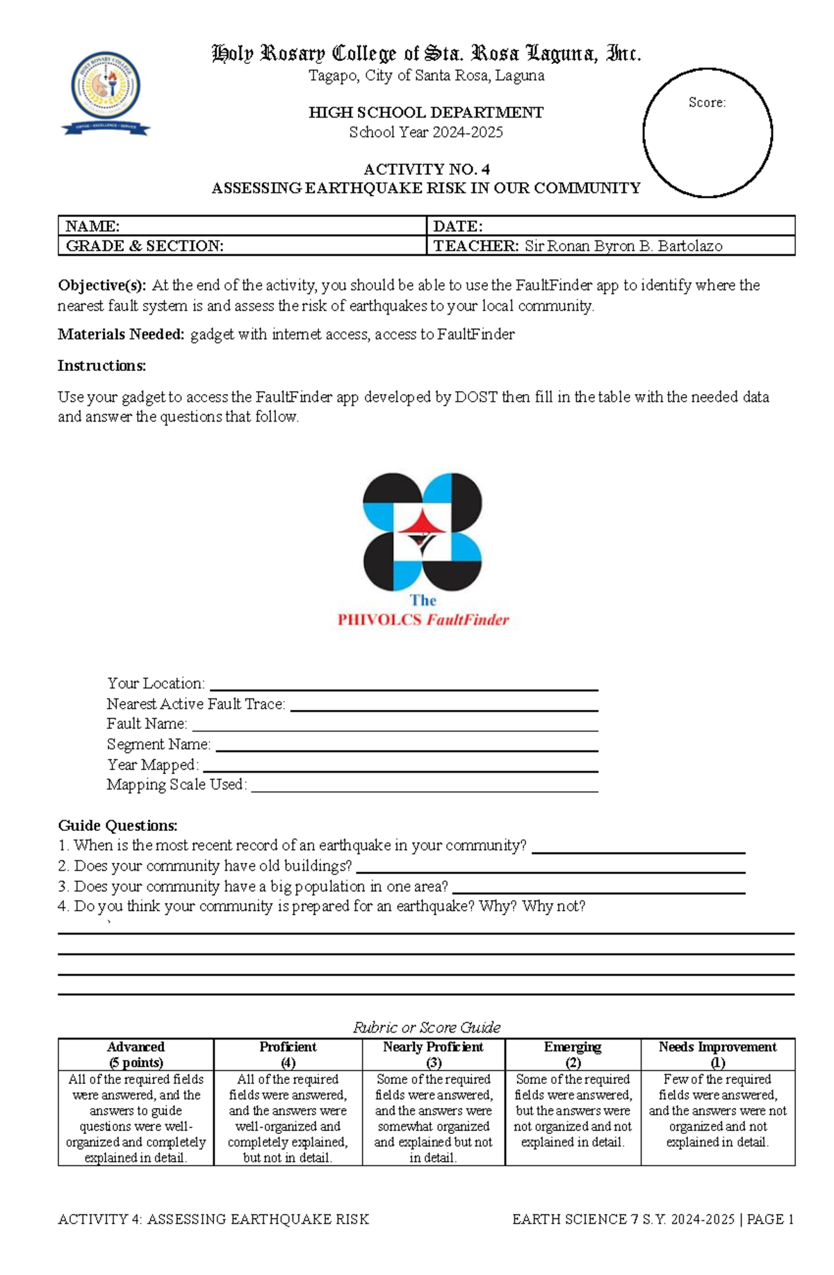 Activity 4 - Assessing Earthquake Risk in Our Community - ACTIVITY 4 ...