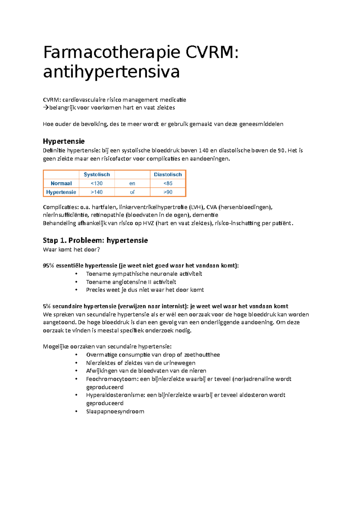Farmacotherapie CVRM - WK 3 - Farmacotherapie CVRM: antihypertensiva ...